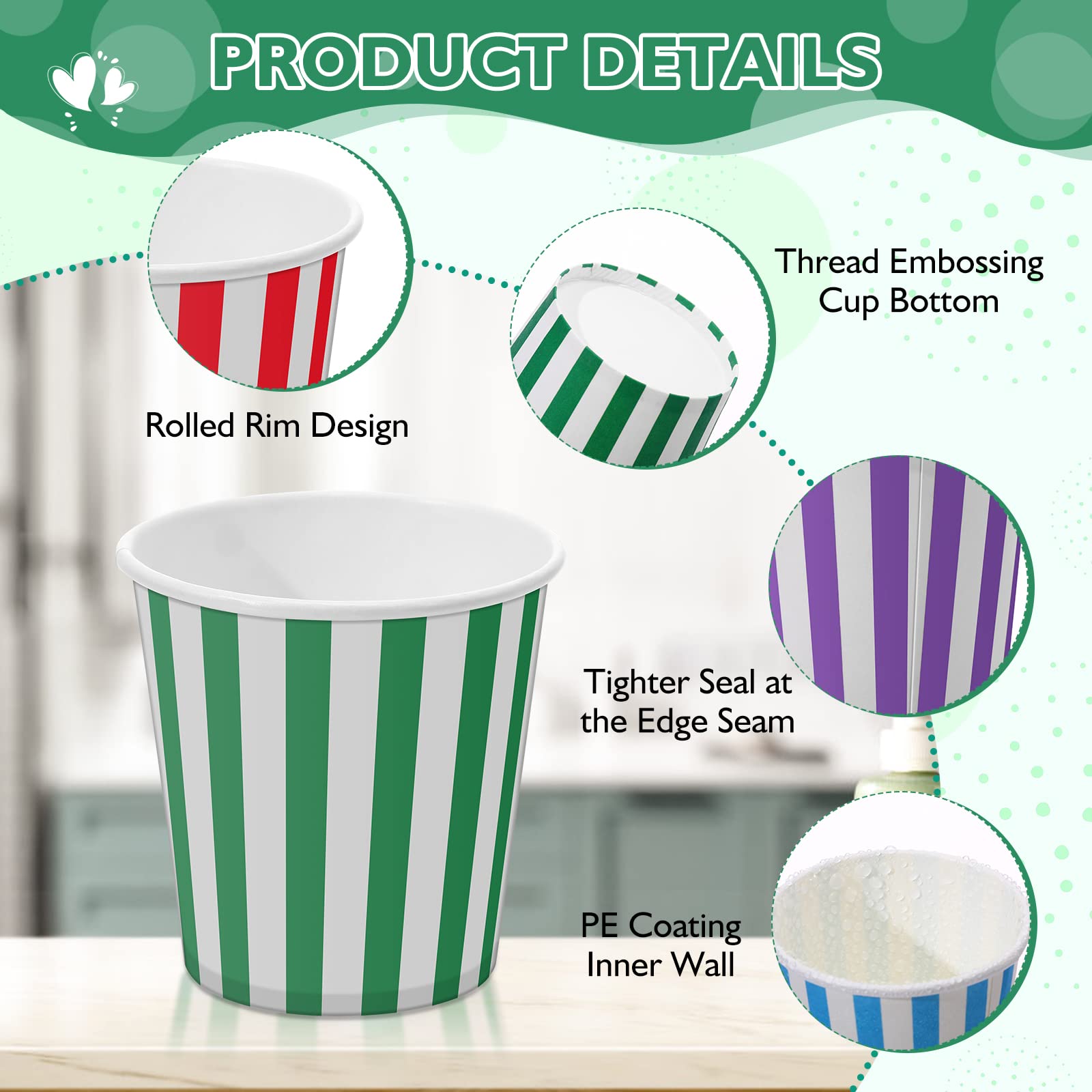 meekoo 1000 Pack 4oz Paper Cups Multicolor Mouthwash Cups Striped Pattern Bathroom Cups Hot Cold Beverage Disposable Cups Small Ice Cream Cups Drinking Cup for Party, Picnic and Event, 10 Colors