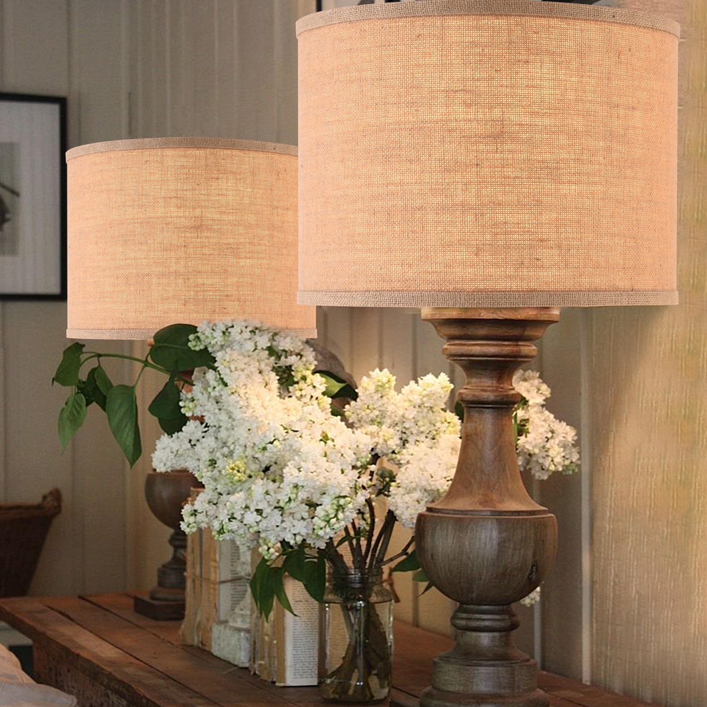 PAPAYA Lampshade Set of 2 Drum Fabric Shades for Table and Floor Lamps, 13" Top x 13" Bottom x 10" High Brown Spider Lamp Shade,Natural Burlap Linen Handmade