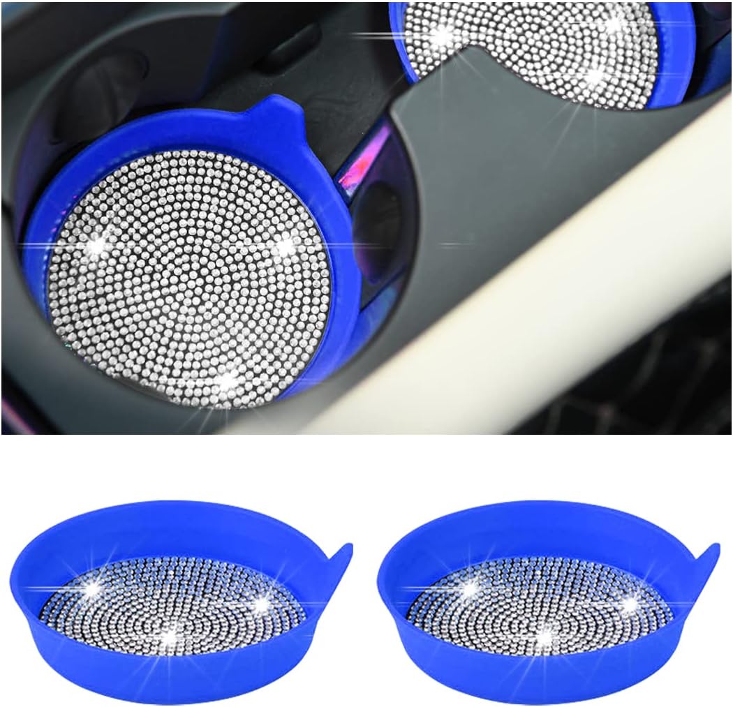 zipelo Bling Car Cup Coaster, 2 Pack Universal Vehicle Anti-Slip Cup Holder Insert Coasters, Crystal Rhinestone Silicone Shockproof Drink Mat, Car Interior Accessories (Blue/White Crystal)