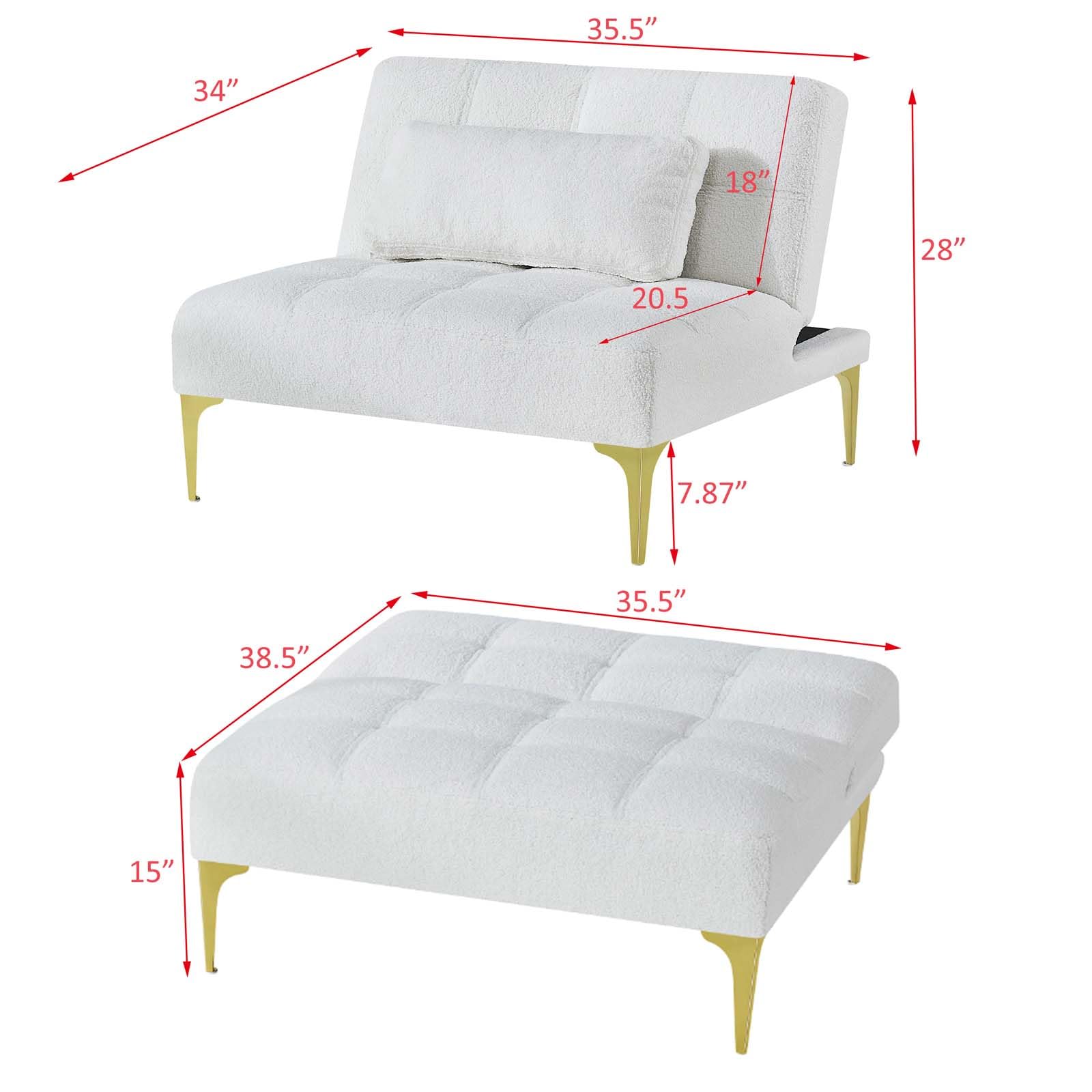 Convertible Sofa Bed Single Chair Futon with Adjustable Backrest, Teddy Fabric Armless Chair with Pillow, Futon Sleeper Couch Daybed Single Chair for Living Room Bedroom Apartment Office (White)