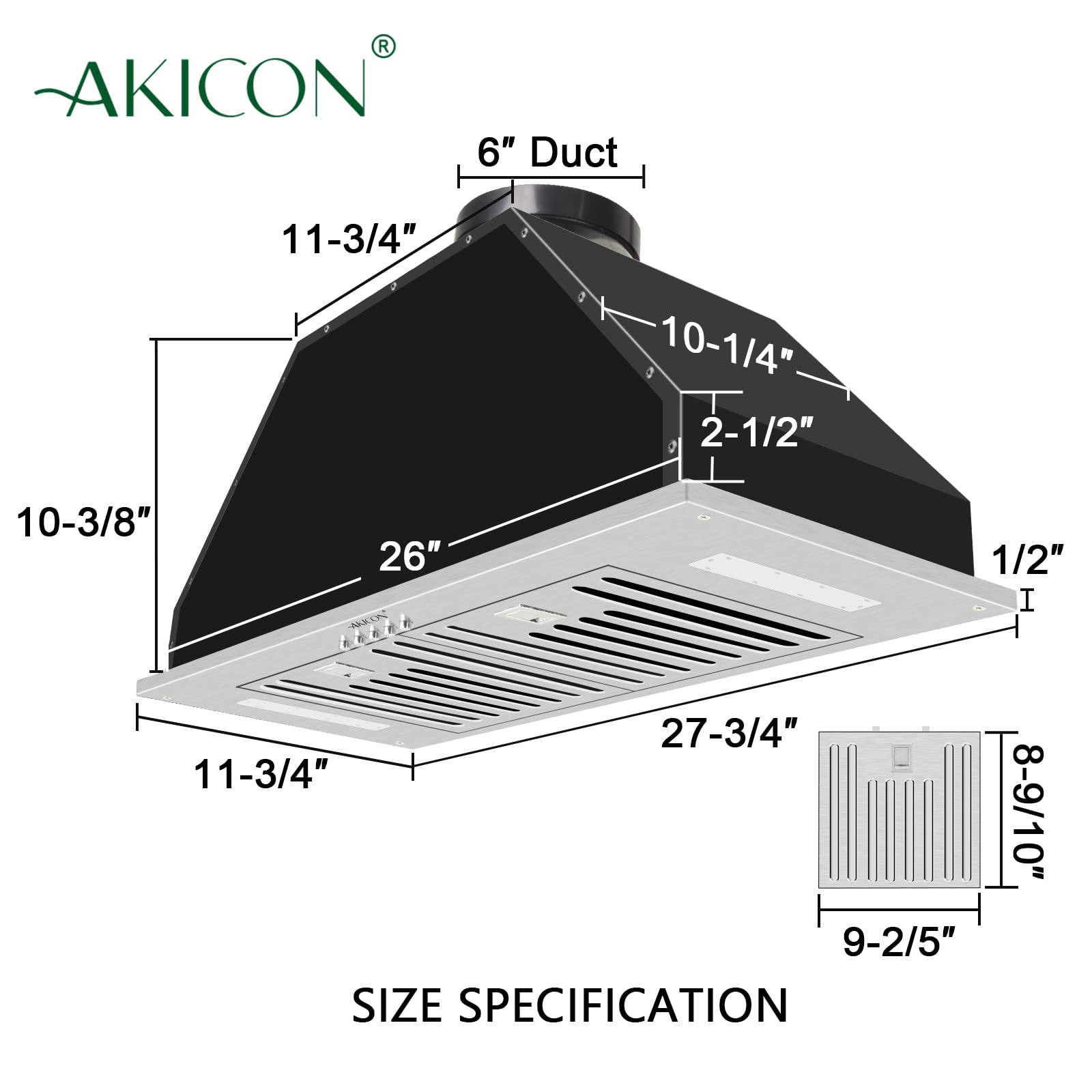 Akicon Range Hood Insert/Built-in 30 inch, Ultra Quiet Powerful Vent Hood with LED Lights, 3 Speeds 600 CFM, Stainless Steel