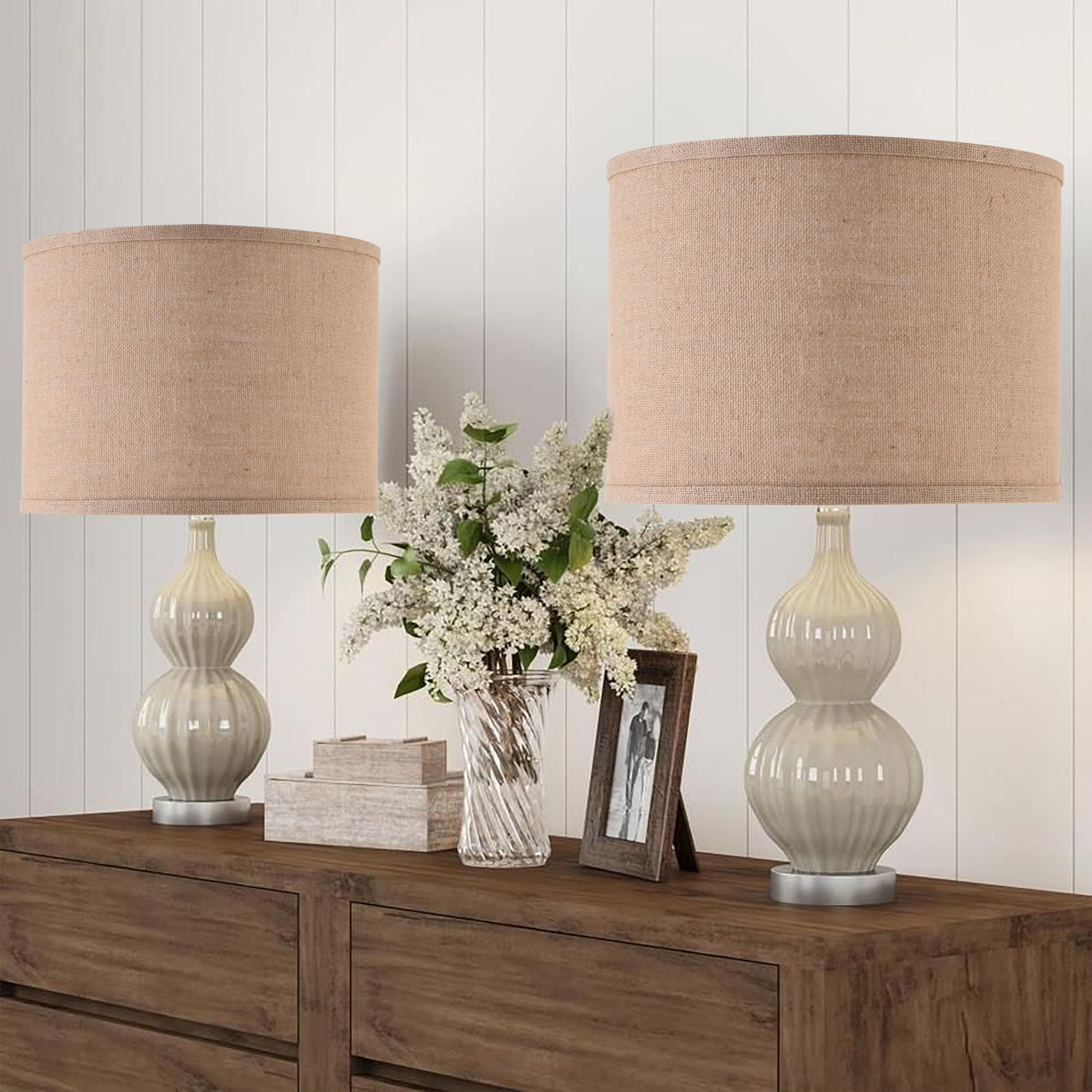 PAPAYA Lampshade Set of 2 Drum Fabric Shades for Table and Floor Lamps, 13" Top x 13" Bottom x 10" High Brown Spider Lamp Shade,Natural Burlap Linen Handmade
