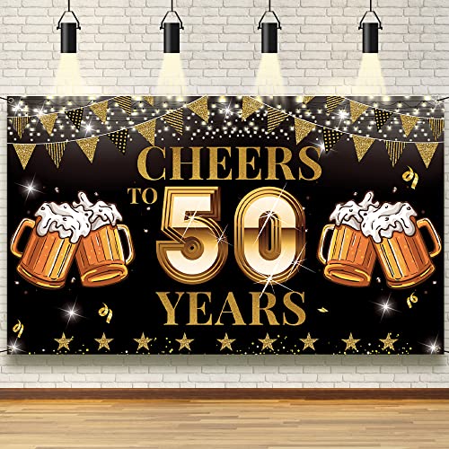 Cheers to 50 Years Backdrop Banner, Happy 50th Birthday Decorations for Men Women, 50th Anniversary Decorations, 50th Reunion, Black Gold 50 Years Celebration Party Decor, Vicycaty (6.1ft x 3.6ftļ¼