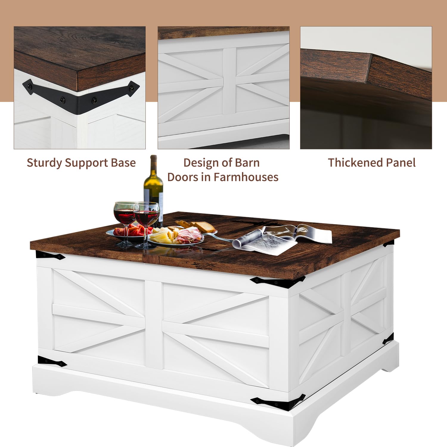 oneinmil Modern Farmhouse Coffee Table, Square Wood Center Table with Large Storage Space, Metal Corners, Z Shape, White