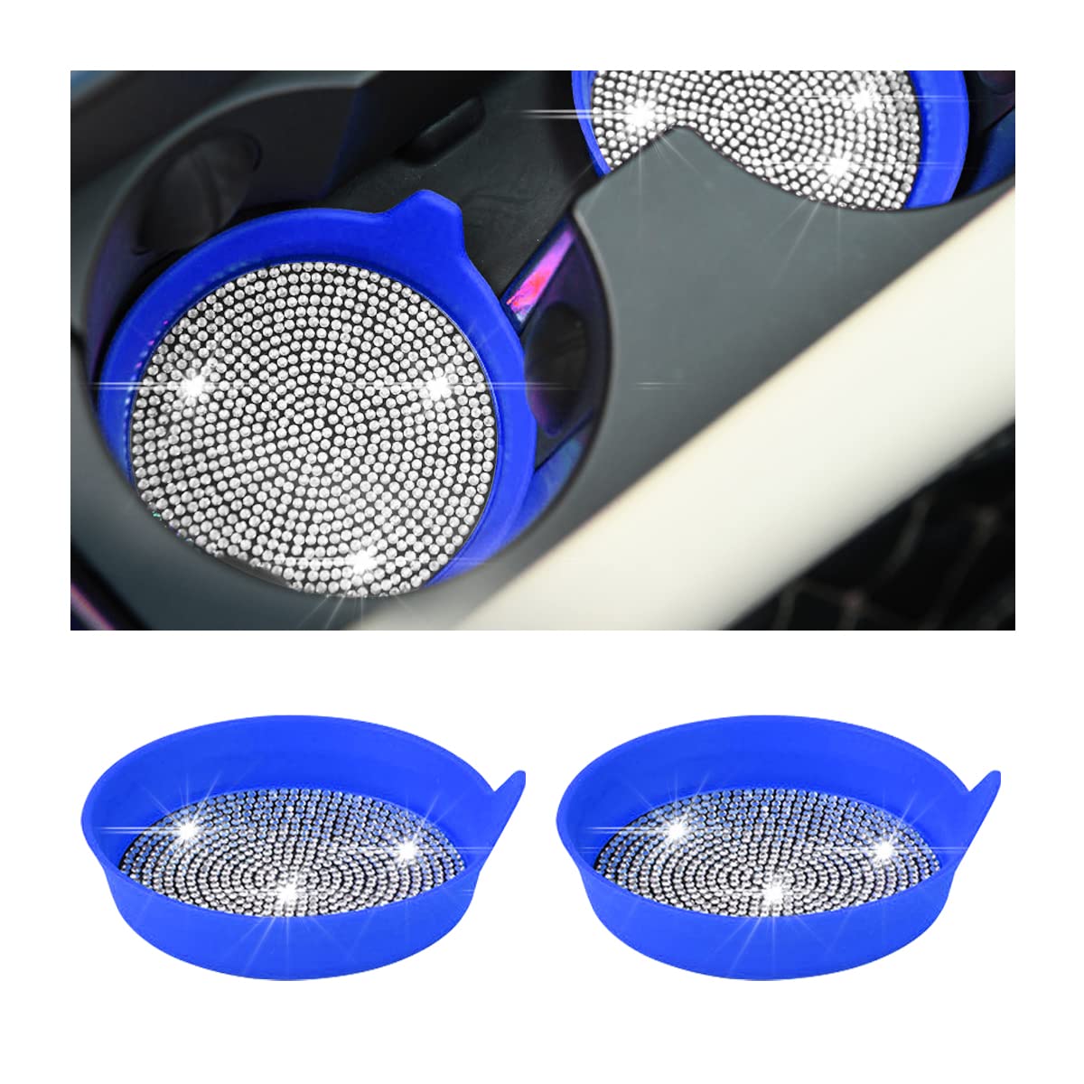 zipelo Bling Car Cup Coaster, 2 Pack Universal Vehicle Anti-Slip Cup Holder Insert Coasters, Crystal Rhinestone Silicone Shockproof Drink Mat, Car Interior Accessories (Blue/White Crystal)