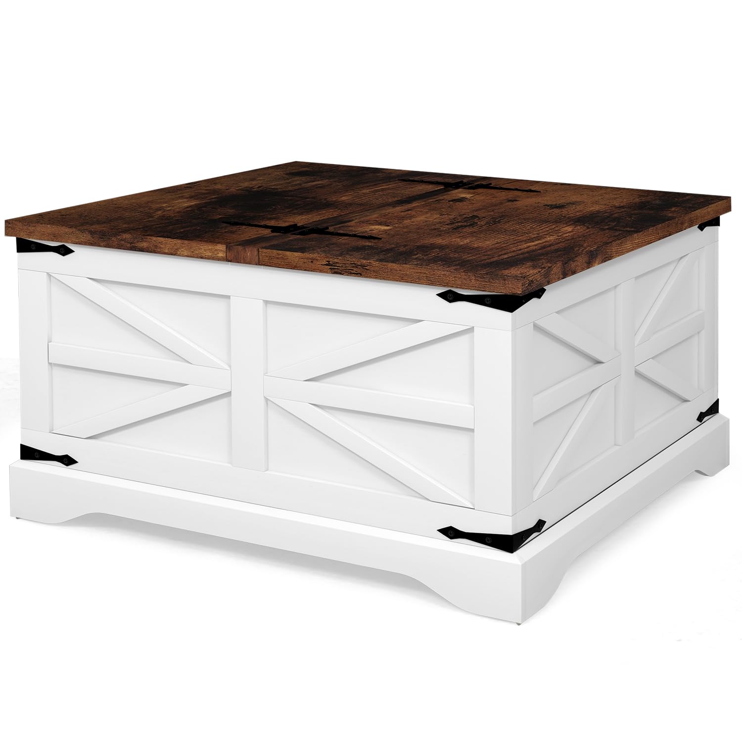 oneinmil Modern Farmhouse Coffee Table, Square Wood Center Table with Large Storage Space, Metal Corners, Z Shape, White