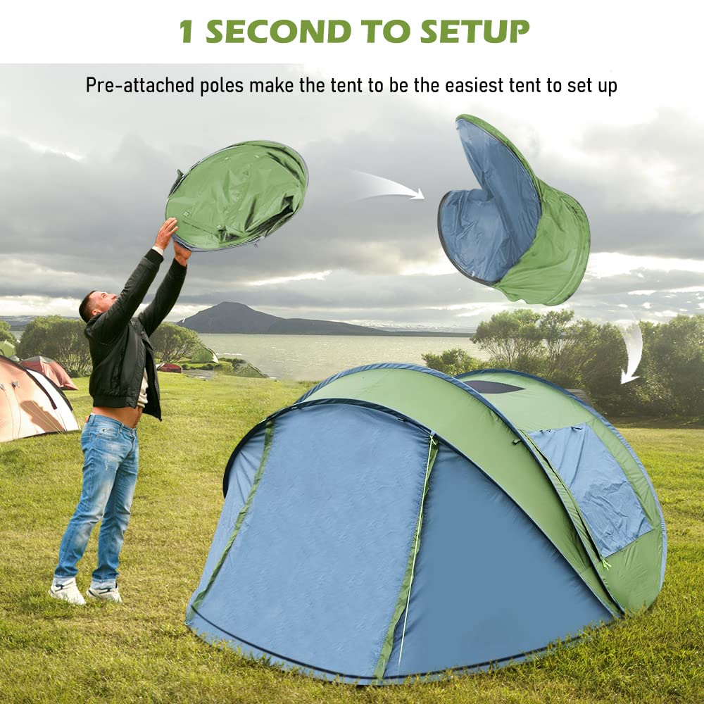 Pop Up Tent, HIKERBRO 4 Person Instant Tent with Skylight, Waterproof Instant Pop Up Tent with Rainfly, Easy Setup Camping Tents, 2 Doors & Windows, 4 Men Automatic Family Tent for Hiking, Traveling