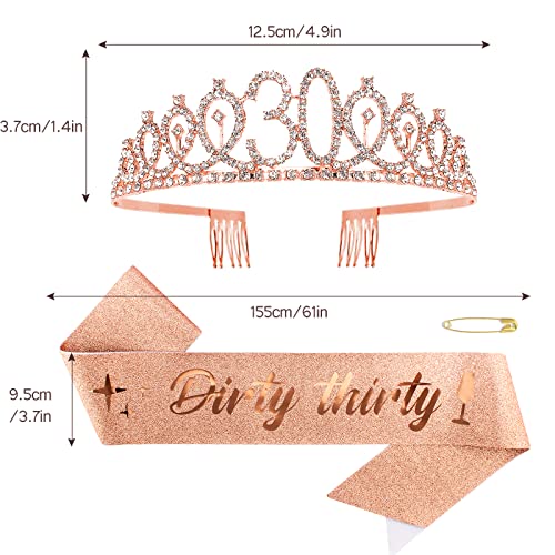 30th Birthday Sash & Rhinestone Tiara Kit- "Dirty thirty" Happy 30th Birthday Decorations for Women 30th Birthday Gifts Party Decorations(rose gold)