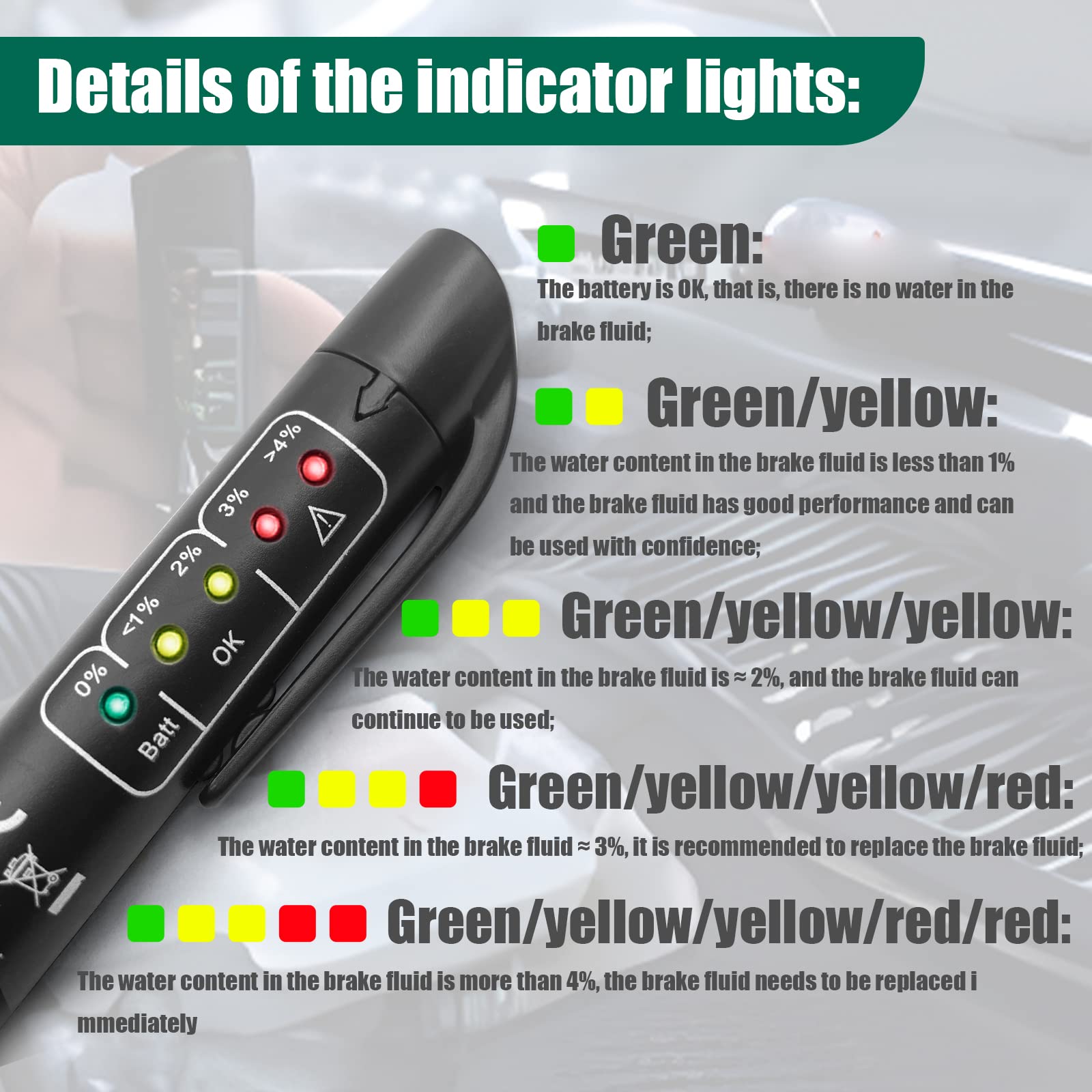 Brake Fluid Liquid Tester,Hydraulic Fluid Liquid Oil Moisture Analyzer with 5 Led Indicators,DOT 3 DOT 4 DOT 5.1 Brake Fluid Liquid Tester Pen for Check Engine Car Accessories