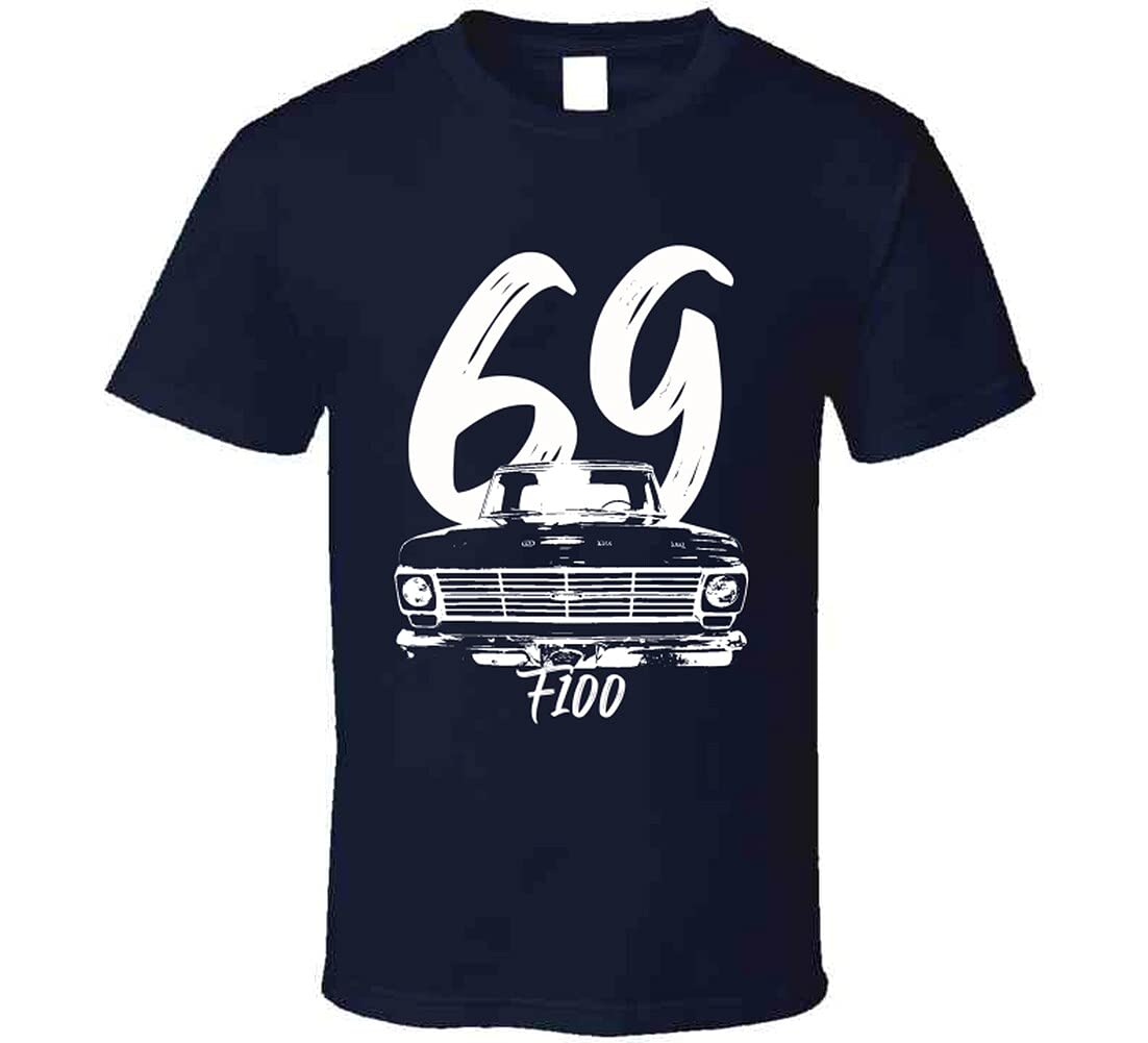 1969 F100 Pickup Truck Grill View with Year and Model Name Charcoal Grey T Shirt 2XL Navy