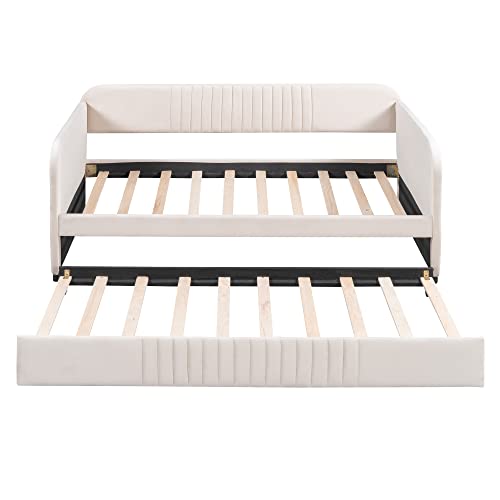 ERYE Twin Size Upholstered Daybed Sofa Bed with Trundle Bed and Wood Slat,Velvet Upholstery Twin Upholstered Bed for Boys and Girls,Beige Gray Light Blue