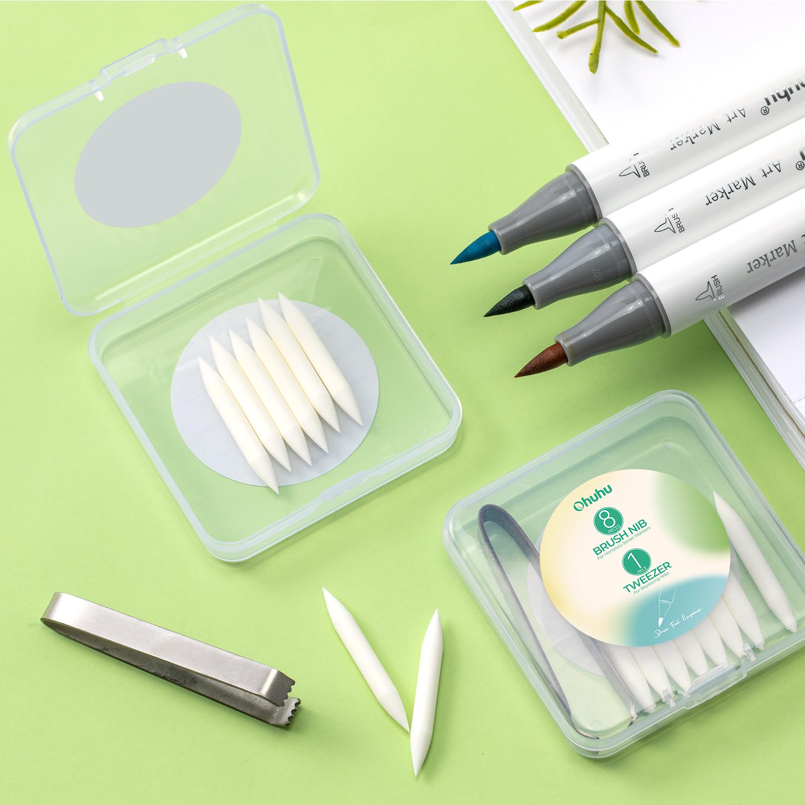 Ohuhu Markers Replacement Super Brush Nibs of Honolulu & Honolulu B Series - Pack of 8 - A Tweezer included - Comes in A Storage Box
