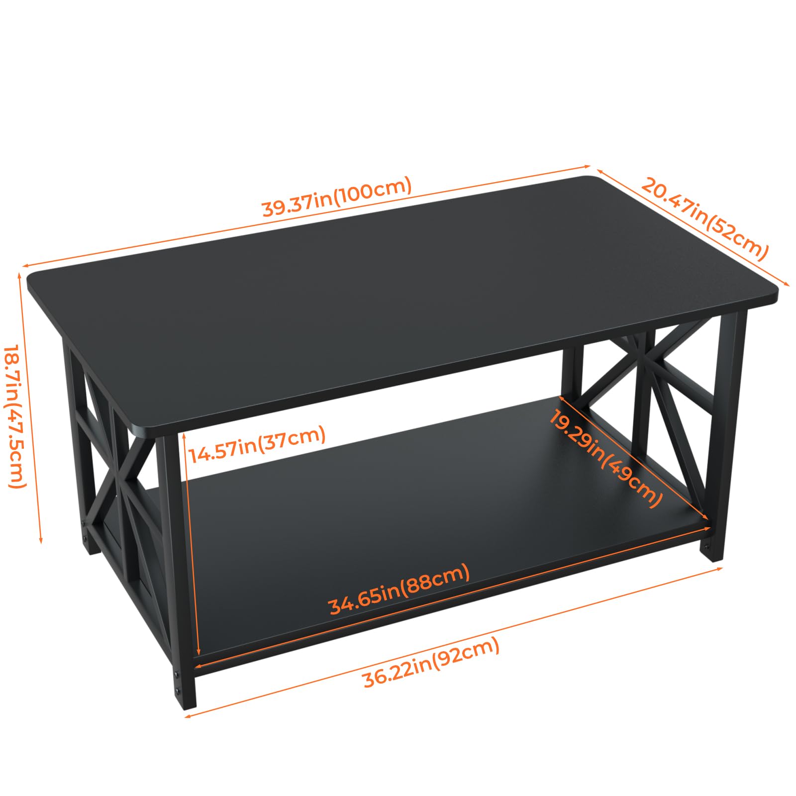 GreenForest Coffee Table with Round Corner, Farmhouse Center Table with 2-Tier Storage Shelf X-Frame Design for Living Room, 39 inch Black