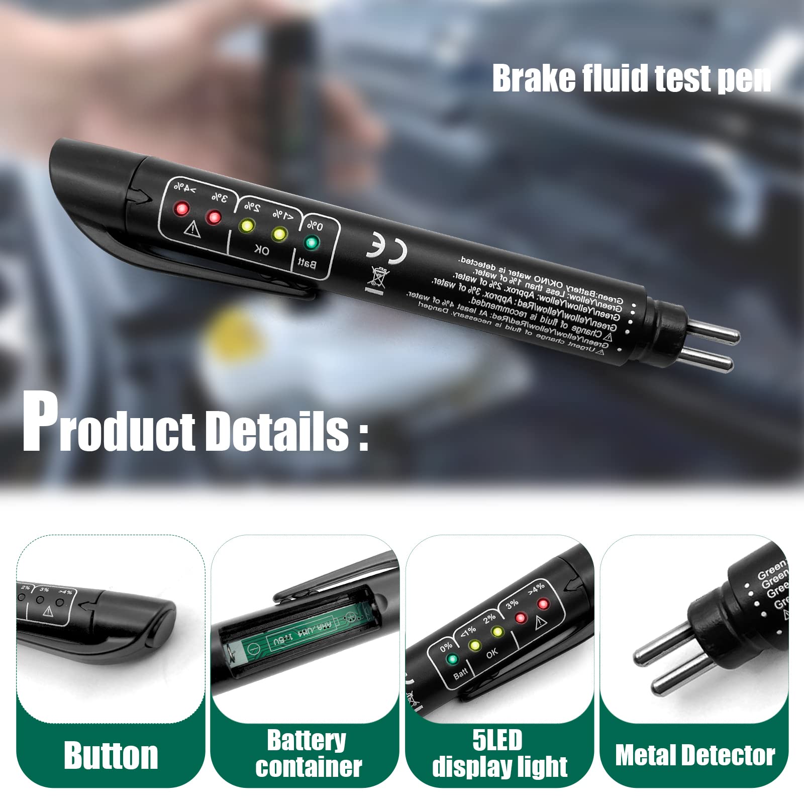 Brake Fluid Liquid Tester,Hydraulic Fluid Liquid Oil Moisture Analyzer with 5 Led Indicators,DOT 3 DOT 4 DOT 5.1 Brake Fluid Liquid Tester Pen for Check Engine Car Accessories