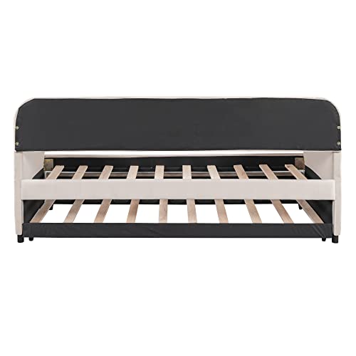 ERYE Twin Size Upholstered Daybed Sofa Bed with Trundle Bed and Wood Slat,Velvet Upholstery Twin Upholstered Bed for Boys and Girls,Beige Gray Light Blue