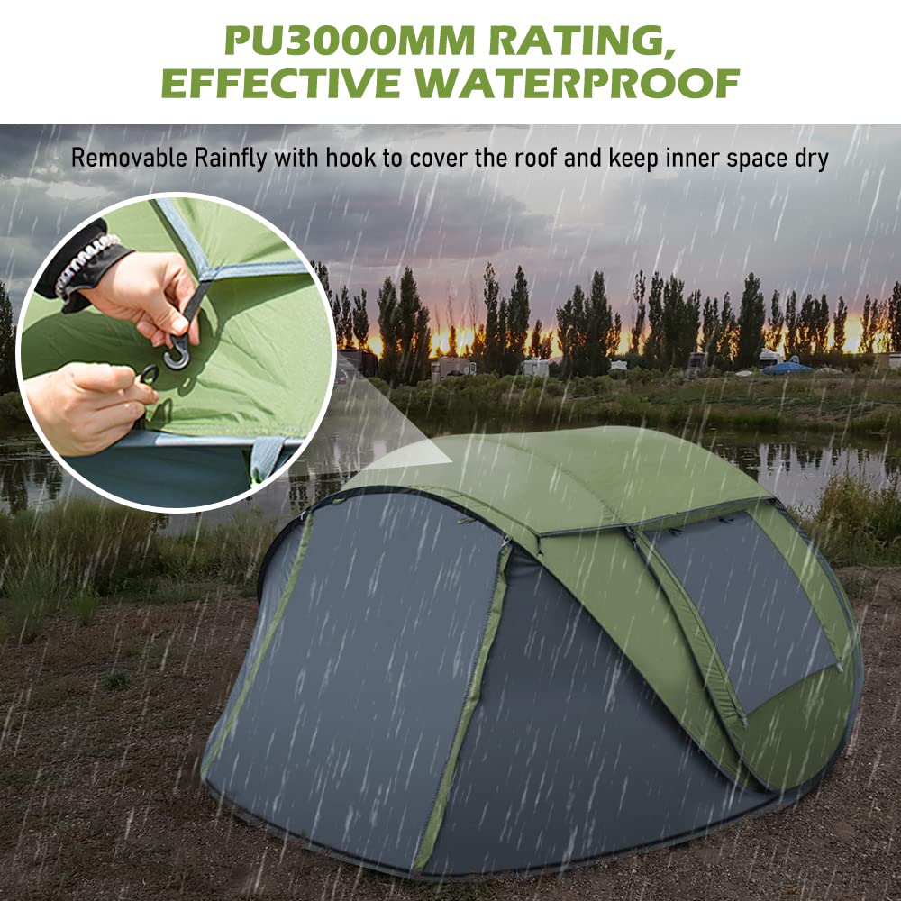 Pop Up Tent, HIKERBRO 4 Person Instant Tent with Skylight, Waterproof Instant Pop Up Tent with Rainfly, Easy Setup Camping Tents, 2 Doors & Windows, 4 Men Automatic Family Tent for Hiking, Traveling