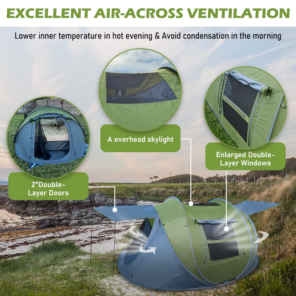 Pop Up Tent, HIKERBRO 4 Person Instant Tent with Skylight, Waterproof Instant Pop Up Tent with Rainfly, Easy Setup Camping Tents, 2 Doors & Windows, 4 Men Automatic Family Tent for Hiking, Traveling