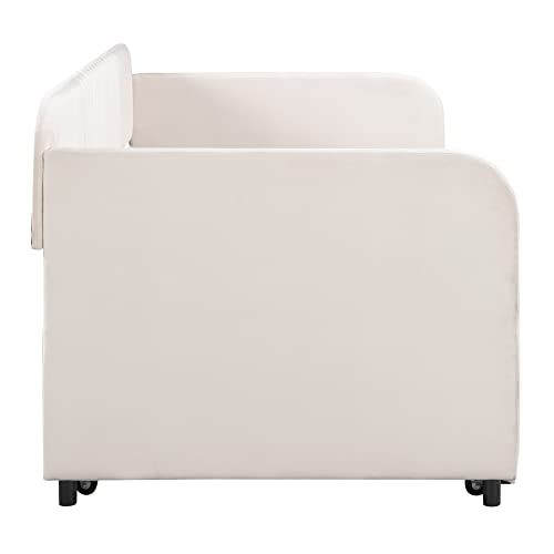 ERYE Twin Size Upholstered Daybed Sofa Bed with Trundle Bed and Wood Slat,Velvet Upholstery Twin Upholstered Bed for Boys and Girls,Beige Gray Light Blue