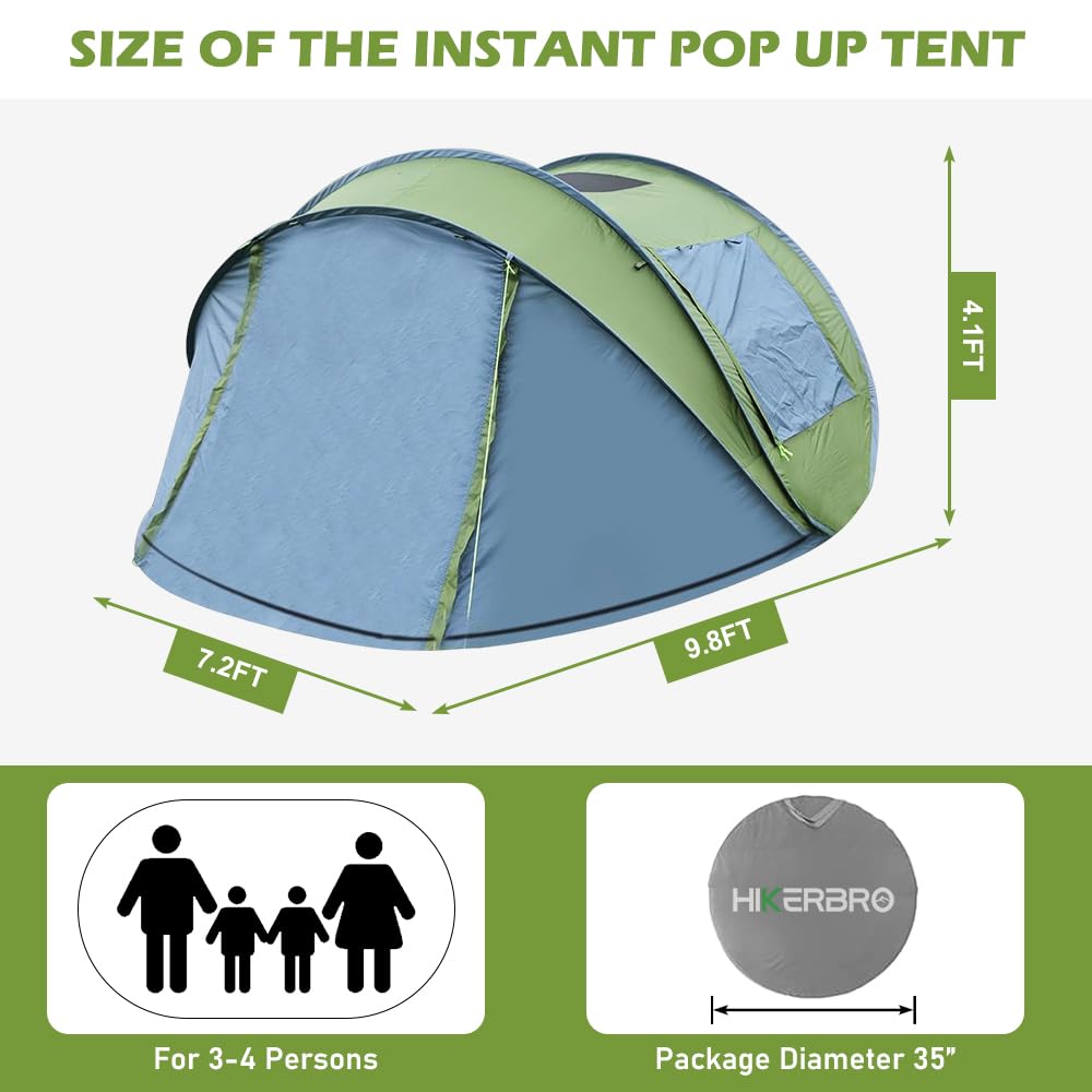 Pop Up Tent, HIKERBRO 4 Person Instant Tent with Skylight, Waterproof Instant Pop Up Tent with Rainfly, Easy Setup Camping Tents, 2 Doors & Windows, 4 Men Automatic Family Tent for Hiking, Traveling