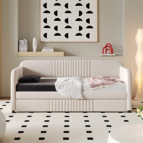ERYE Twin Size Upholstered Daybed Sofa Bed with Trundle Bed and Wood Slat,Velvet Upholstery Twin Upholstered Bed for Boys and Girls,Beige Gray Light Blue