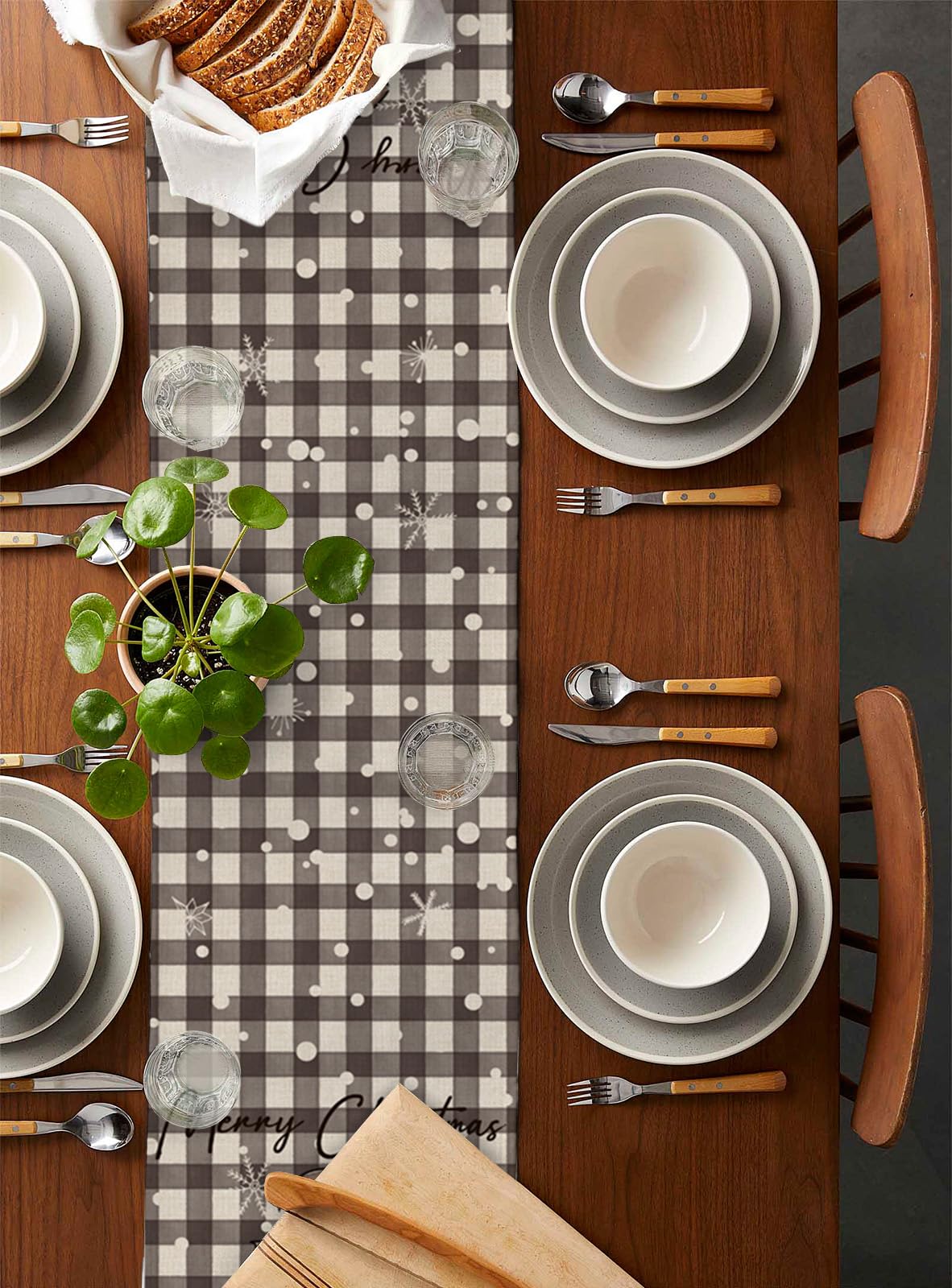 Christmas Snowman Table Runner 36 Inches Long Farmhouse Dress Scarves, Black and White Checkered Winter Snowflake Dining Tablerunner for Coffee Table/Kitchen Island/Party Décor, Small 13" x 36"