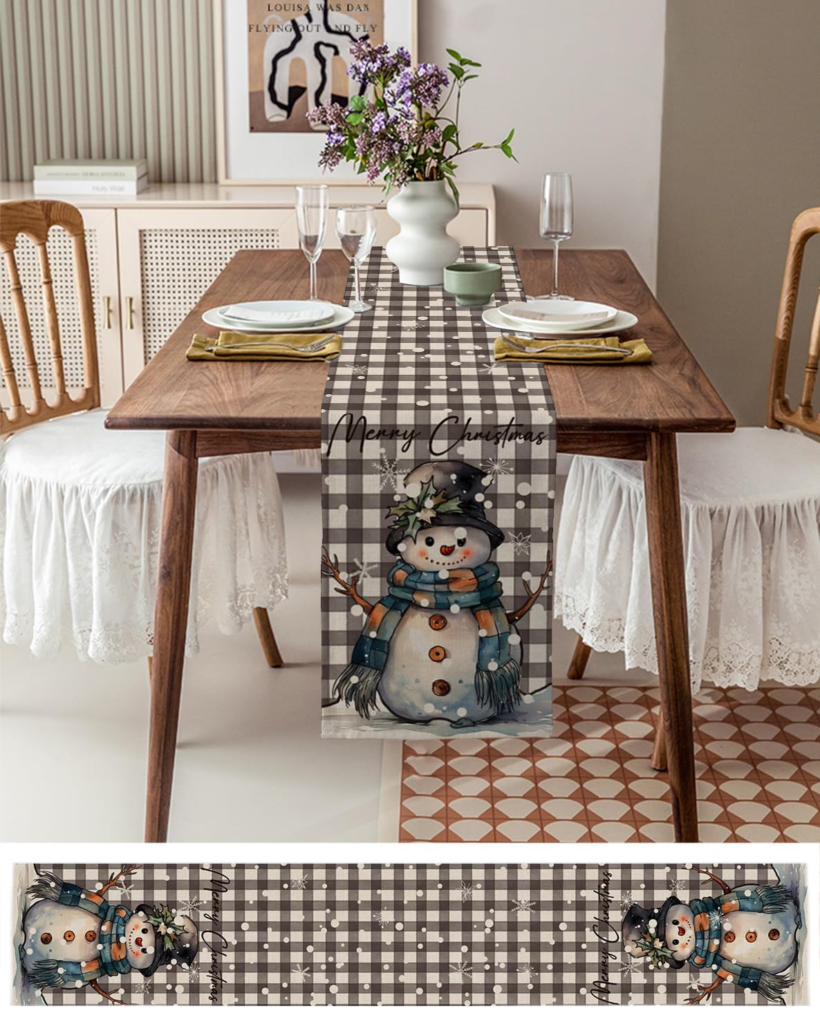 Christmas Snowman Table Runner 36 Inches Long Farmhouse Dress Scarves, Black and White Checkered Winter Snowflake Dining Tablerunner for Coffee Table/Kitchen Island/Party Décor, Small 13" x 36"