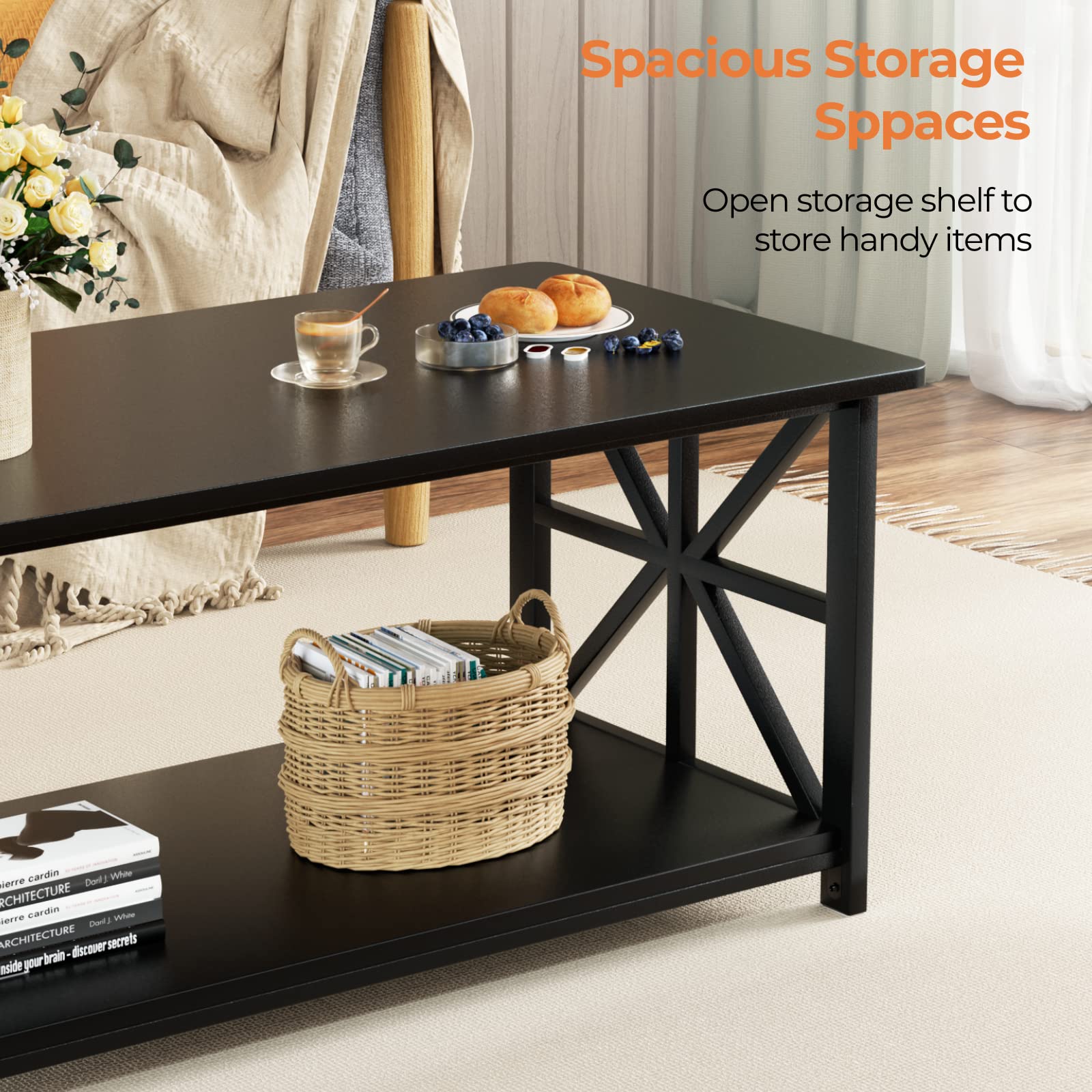 GreenForest Coffee Table with Round Corner, Farmhouse Center Table with 2-Tier Storage Shelf X-Frame Design for Living Room, 39 inch Black