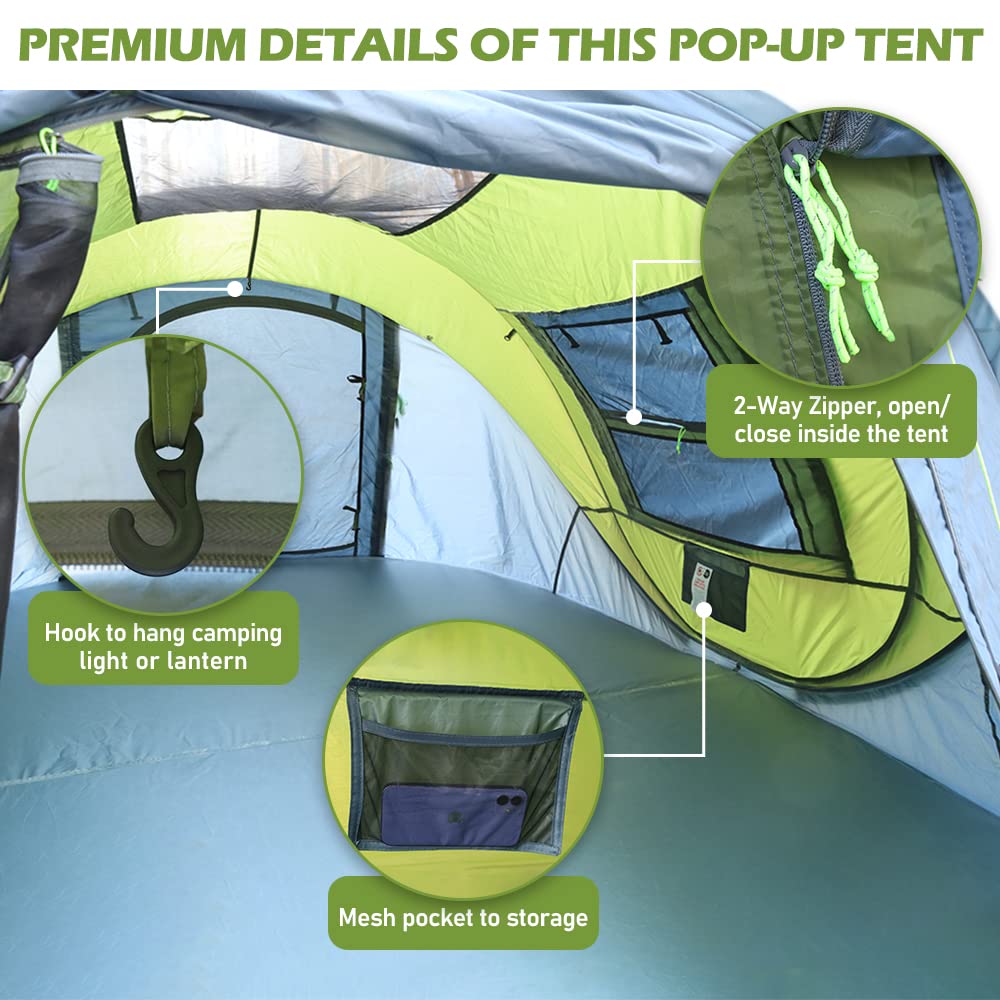 Pop Up Tent, HIKERBRO 4 Person Instant Tent with Skylight, Waterproof Instant Pop Up Tent with Rainfly, Easy Setup Camping Tents, 2 Doors & Windows, 4 Men Automatic Family Tent for Hiking, Traveling