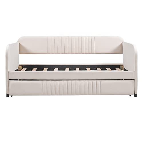 ERYE Twin Size Upholstered Daybed Sofa Bed with Trundle Bed and Wood Slat,Velvet Upholstery Twin Upholstered Bed for Boys and Girls,Beige Gray Light Blue