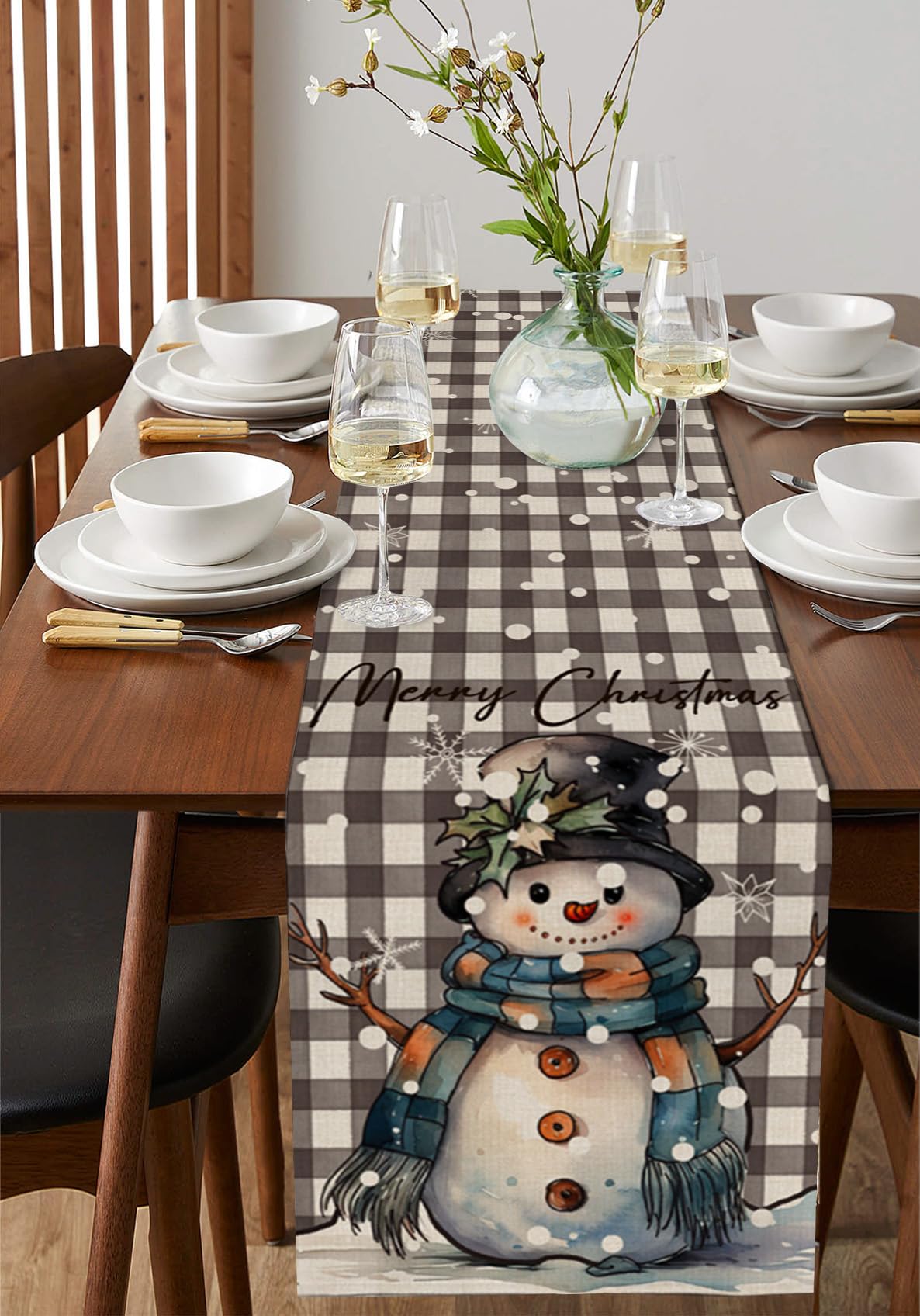 Christmas Snowman Table Runner 36 Inches Long Farmhouse Dress Scarves, Black and White Checkered Winter Snowflake Dining Tablerunner for Coffee Table/Kitchen Island/Party Décor, Small 13" x 36"