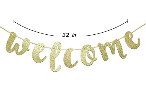 Welcome Gold Glitter Hanging Sign Banner- First Day of School, Classroom, Wedding, House, Home Decor (Gold)
