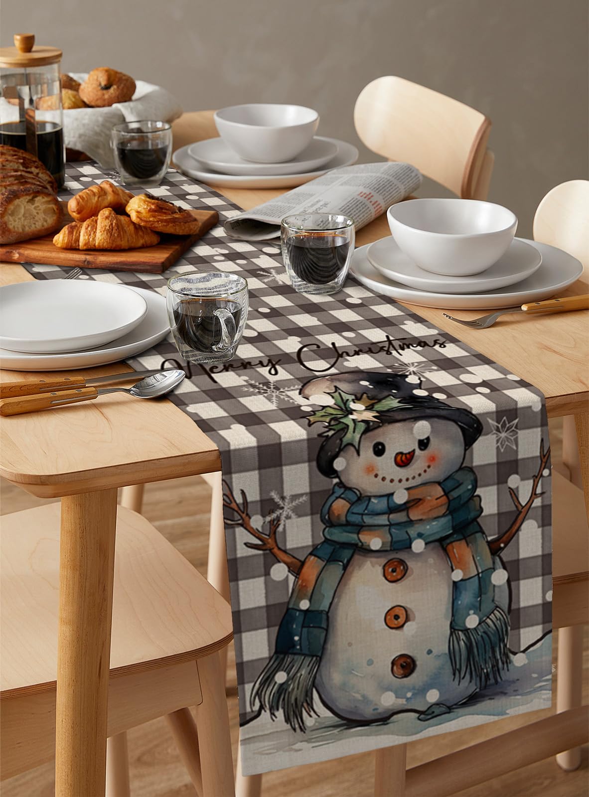 Christmas Snowman Table Runner 36 Inches Long Farmhouse Dress Scarves, Black and White Checkered Winter Snowflake Dining Tablerunner for Coffee Table/Kitchen Island/Party Décor, Small 13" x 36"