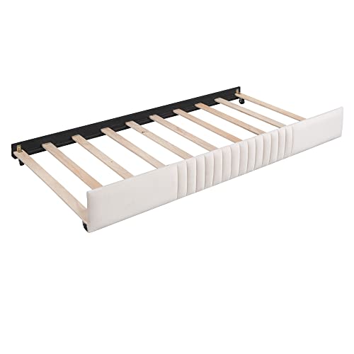 ERYE Twin Size Upholstered Daybed Sofa Bed with Trundle Bed and Wood Slat,Velvet Upholstery Twin Upholstered Bed for Boys and Girls,Beige Gray Light Blue