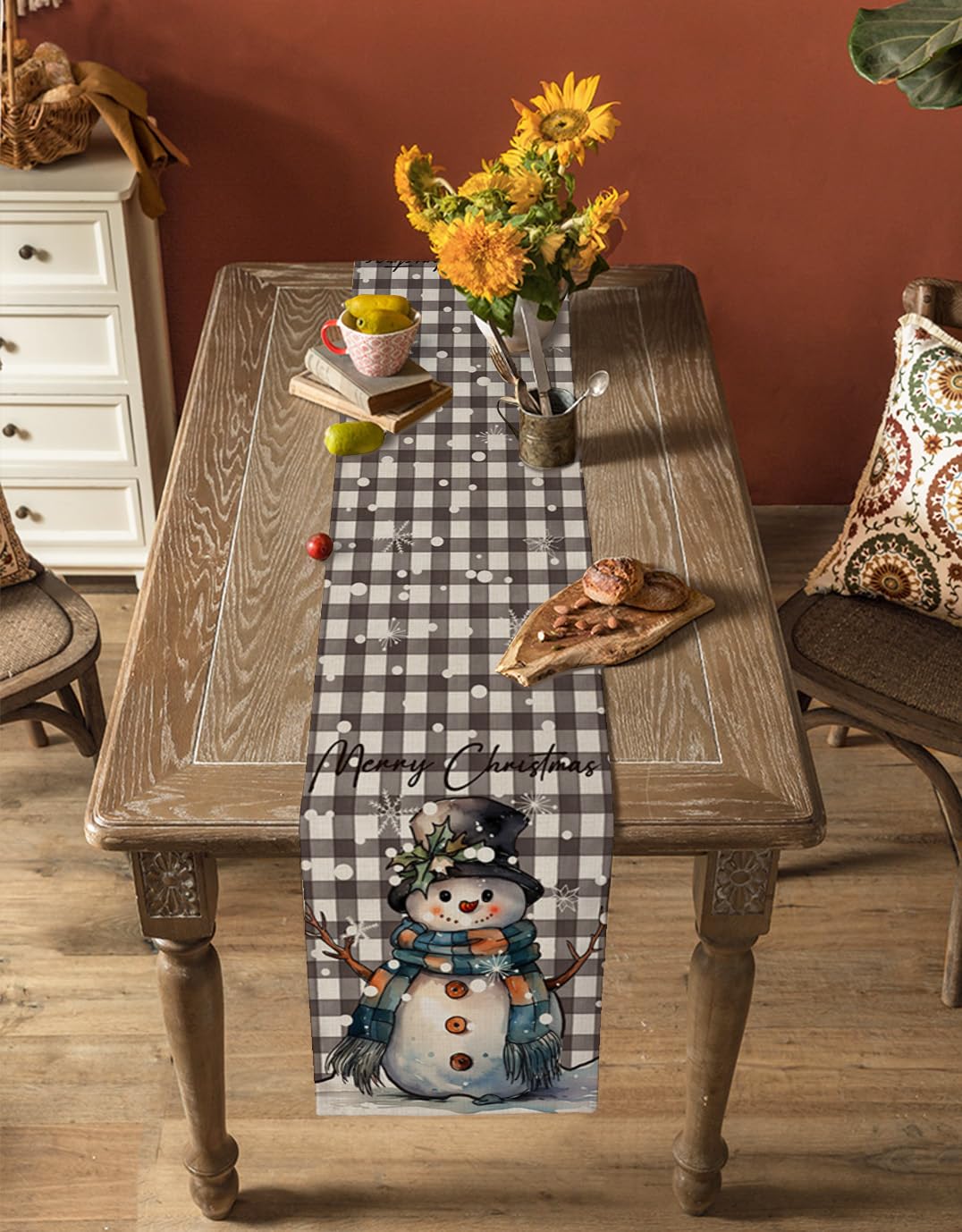 Christmas Snowman Table Runner 36 Inches Long Farmhouse Dress Scarves, Black and White Checkered Winter Snowflake Dining Tablerunner for Coffee Table/Kitchen Island/Party Décor, Small 13" x 36"