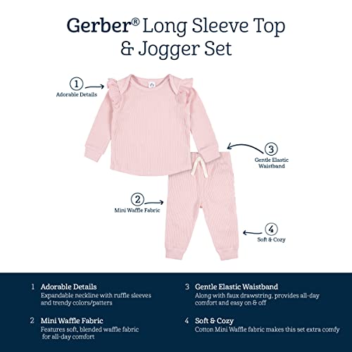 Gerber Baby Girls 2-Piece Long Sleeve Tee & Pull-On Jogger Set, Pink, 0-3 Months