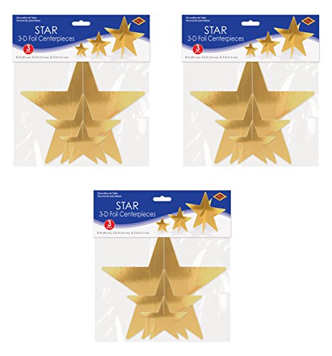 Beistle , 9 Piece 3-D Foil Star Centerpieces, 3" - 8" (Gold)