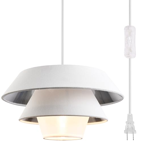 GO&SO 3-Tier Plug in Pendant Light Hanging Light with Plug in Cord Fabric Lampshade Plug in Ceiling Light Fixture for Bedroom Living Room White Silver