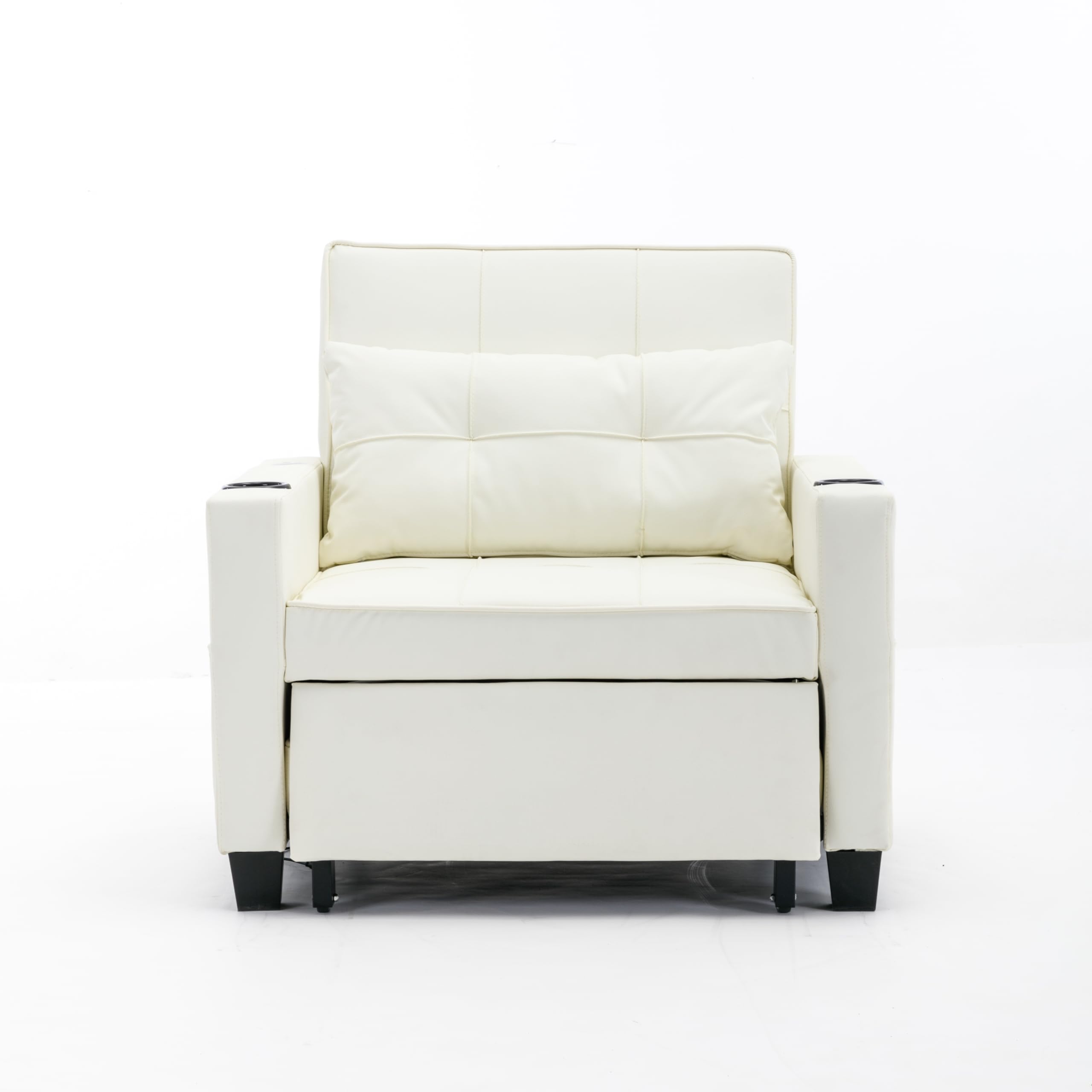 EXZLFA Futon Sofa Bed, 3-in-1 Convertible Sleeper Beds with USB Ports and Cup Holder,Adjustable Backrest Lounge Chair for Living Room,Bedroom,Guest Room (Leather - White)