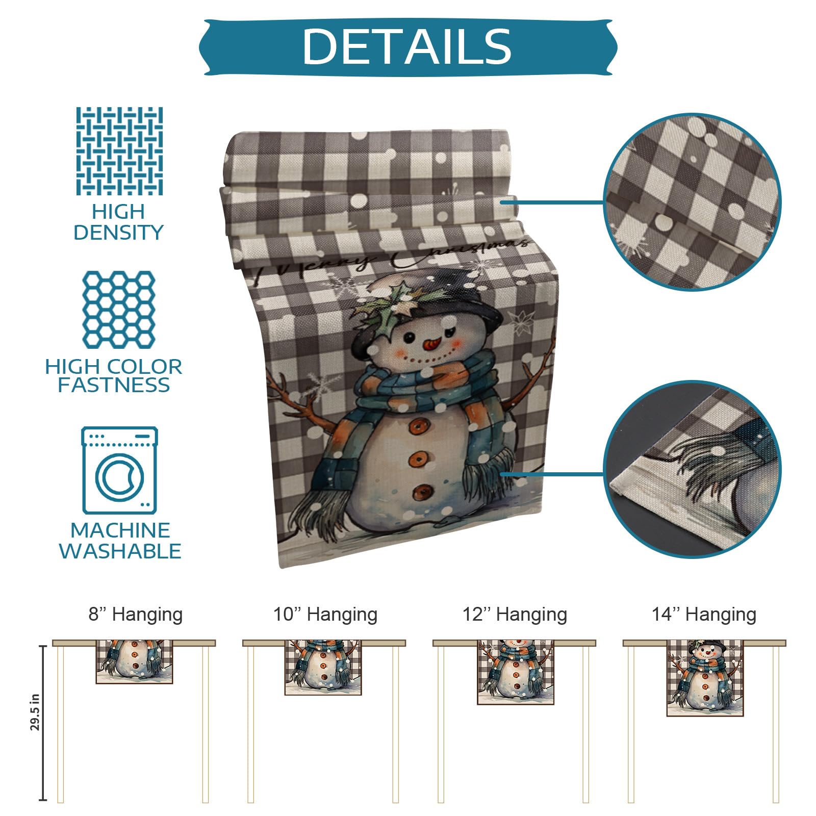 Christmas Snowman Table Runner 36 Inches Long Farmhouse Dress Scarves, Black and White Checkered Winter Snowflake Dining Tablerunner for Coffee Table/Kitchen Island/Party Décor, Small 13" x 36"