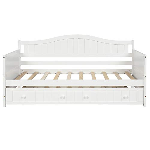 Lifeand Twin Wooden Daybed with Trundle Bed, Sofa Bed for Bedroom Living Room,White