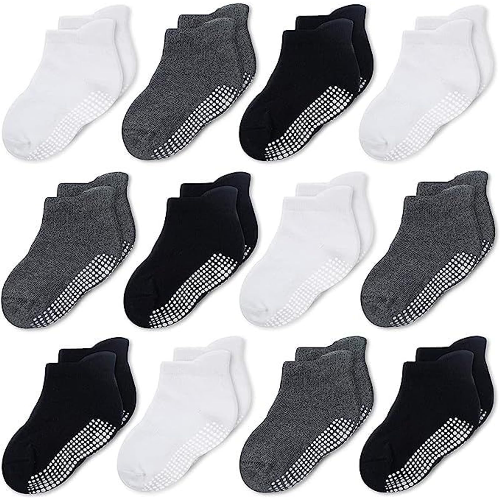 CozyWay Toddler Socks With Grippers Non Slip Ankle Grip Socks for Girls and Boys Soft Comfy Cotton - 1T-3T Unisex Black, White, Dark Gray - 12 Pack