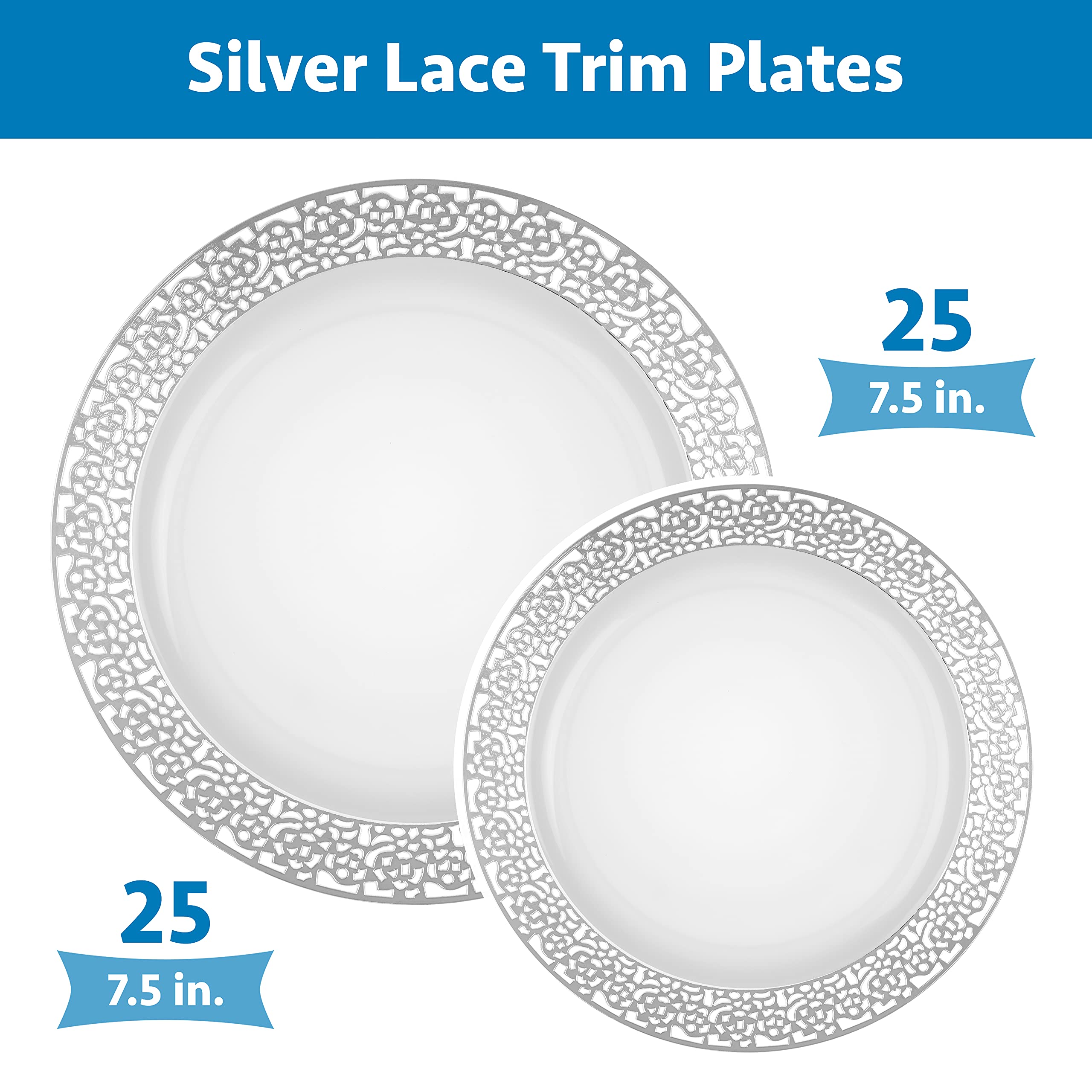 Elegant Plastic Dinner Plates Set China Link Disposable Dinnerware Set With Beautiful White Silver Lace Rims Plate Set Comes With 25 Dinner 10.25'' Plates 25 Salad Plates 25 7.25''