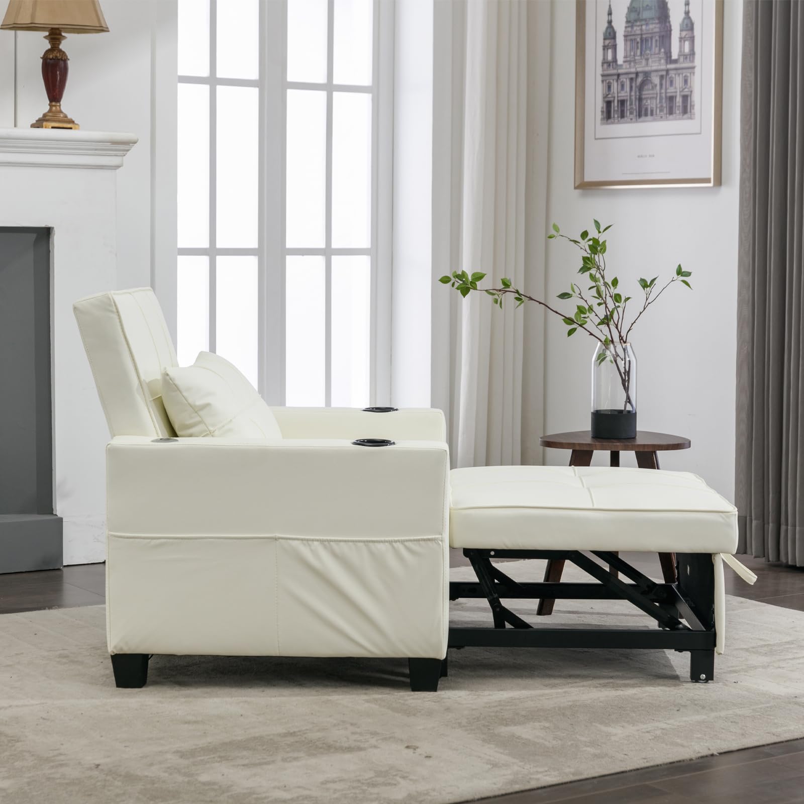 EXZLFA Futon Sofa Bed, 3-in-1 Convertible Sleeper Beds with USB Ports and Cup Holder,Adjustable Backrest Lounge Chair for Living Room,Bedroom,Guest Room (Leather - White)