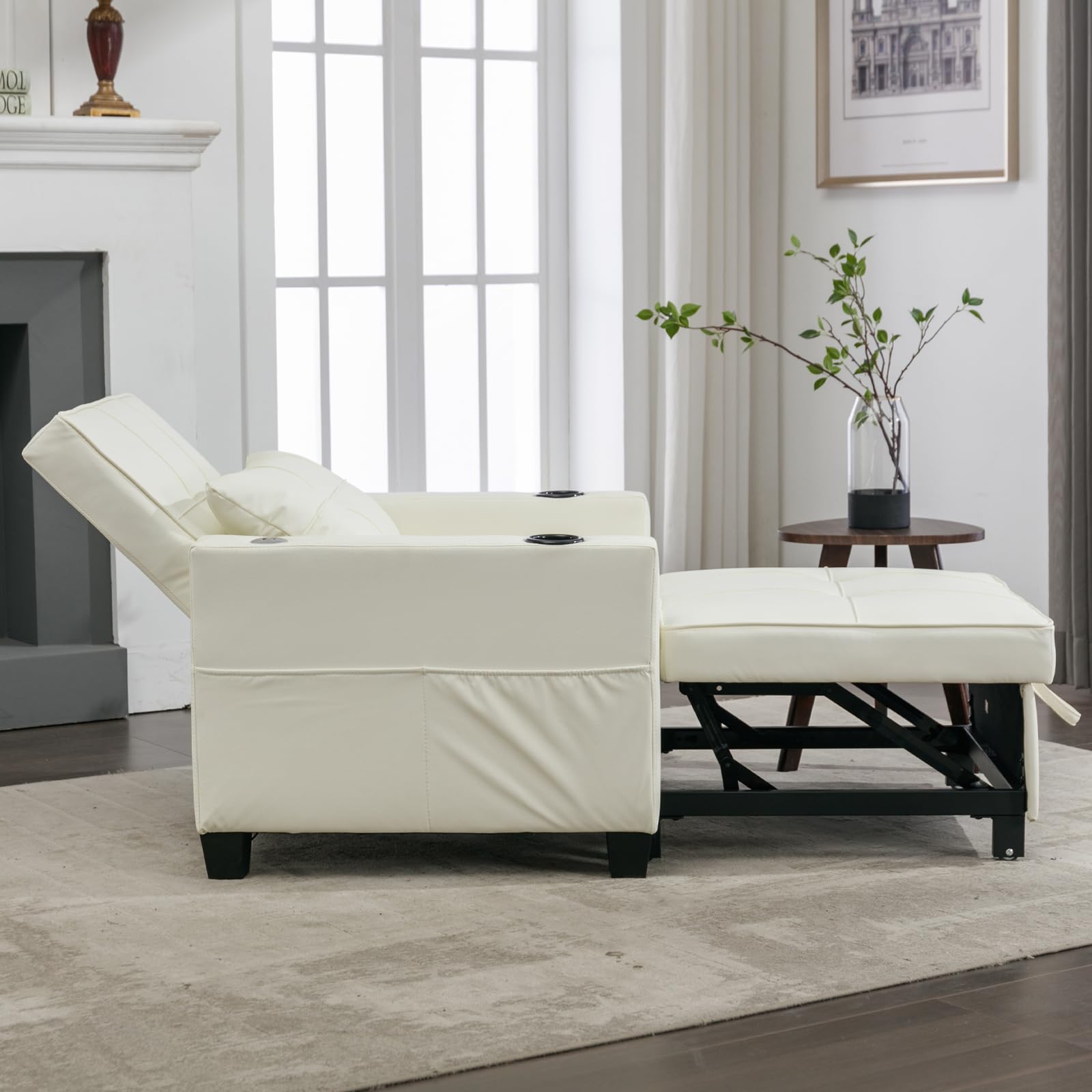 EXZLFA Futon Sofa Bed, 3-in-1 Convertible Sleeper Beds with USB Ports and Cup Holder,Adjustable Backrest Lounge Chair for Living Room,Bedroom,Guest Room (Leather - White)