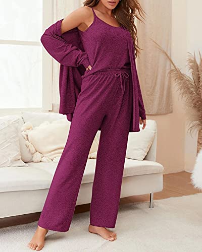 Fessceruna Womens 3 Piece Pajama Set Cami Tank Top Wide Leg Pants and Cardigan Loungewear Lounge Sets Purple