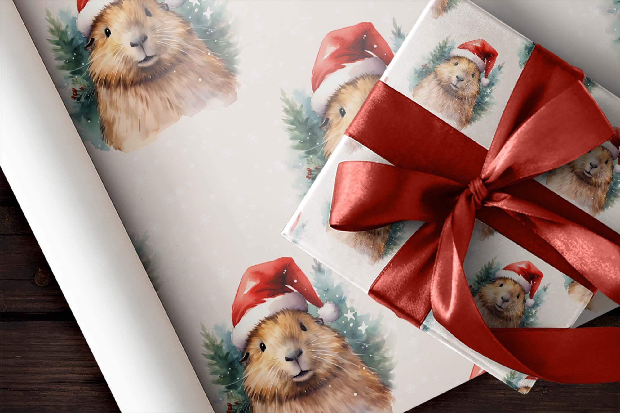 Watercolor Hamster Gerbil Guinea Pig Xmas Gift Wrap Premium Thick Wrapping Paper Capybara Animal Theme Merry Christmas Rodent Party Decor (6 foot x 30 inch roll)