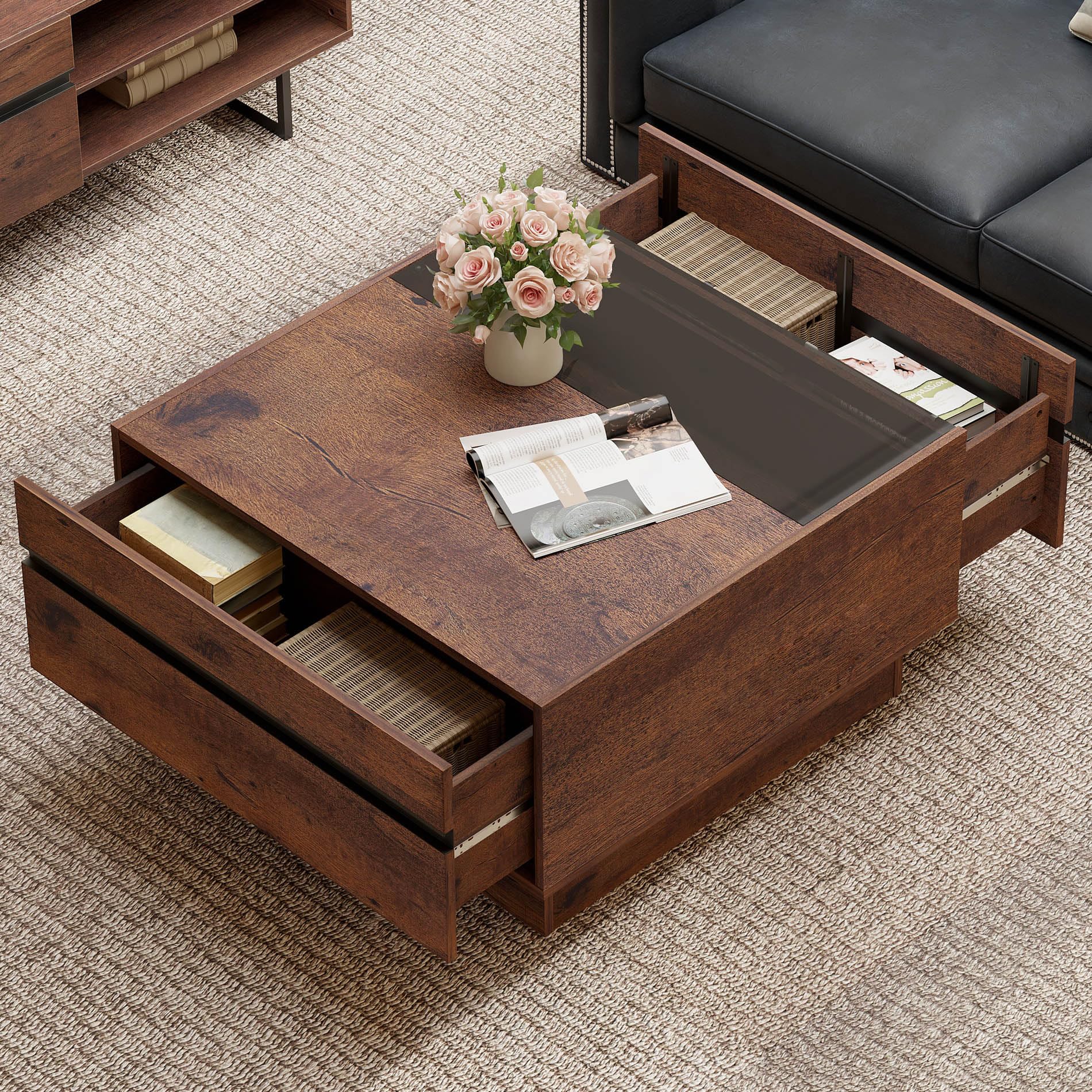 WAMPAT Modern Coffee Table, Square Living Room Coffee Table with Tempered Glass Top and Two Large Storage Drawers, 31.5"x 31.5", Brown