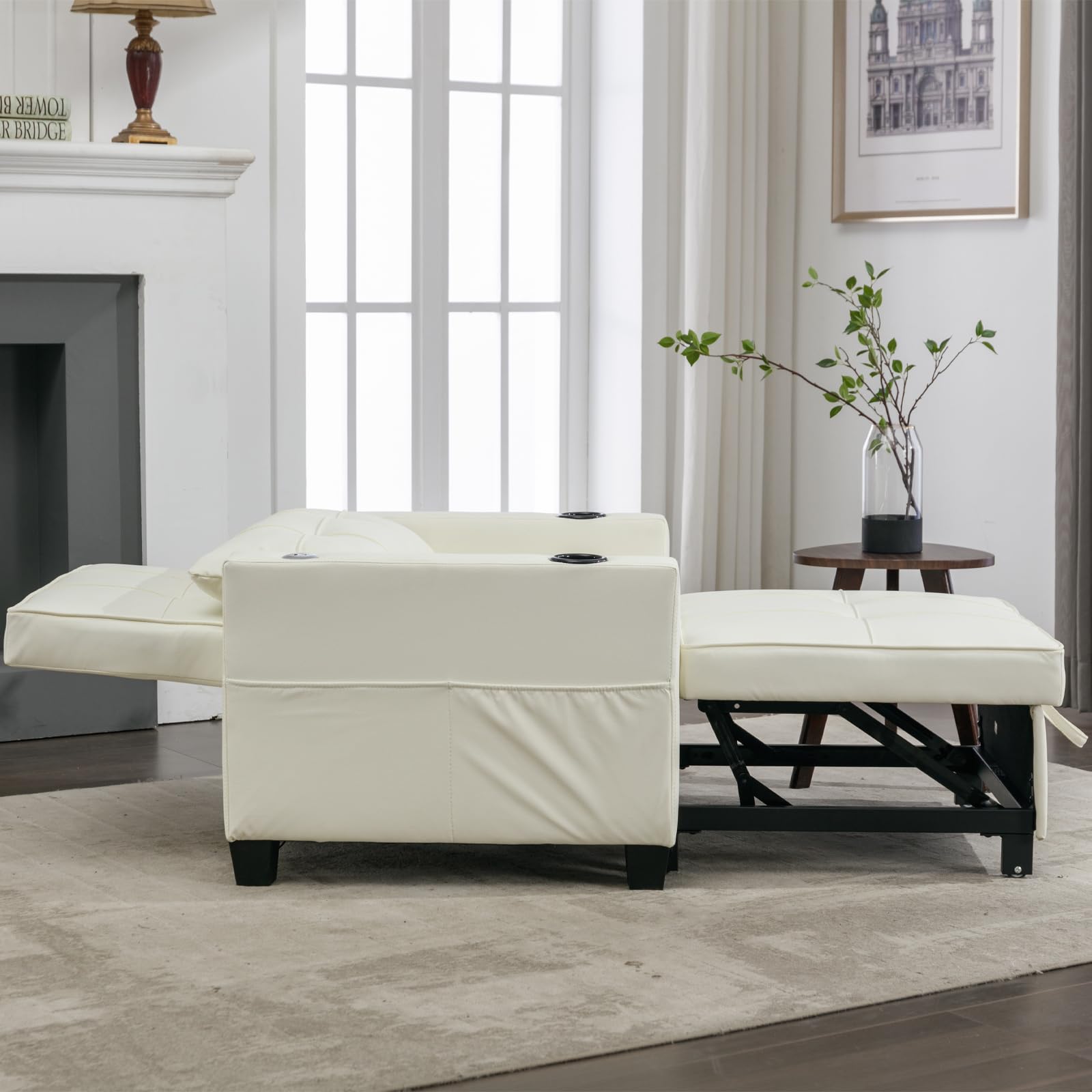 EXZLFA Futon Sofa Bed, 3-in-1 Convertible Sleeper Beds with USB Ports and Cup Holder,Adjustable Backrest Lounge Chair for Living Room,Bedroom,Guest Room (Leather - White)