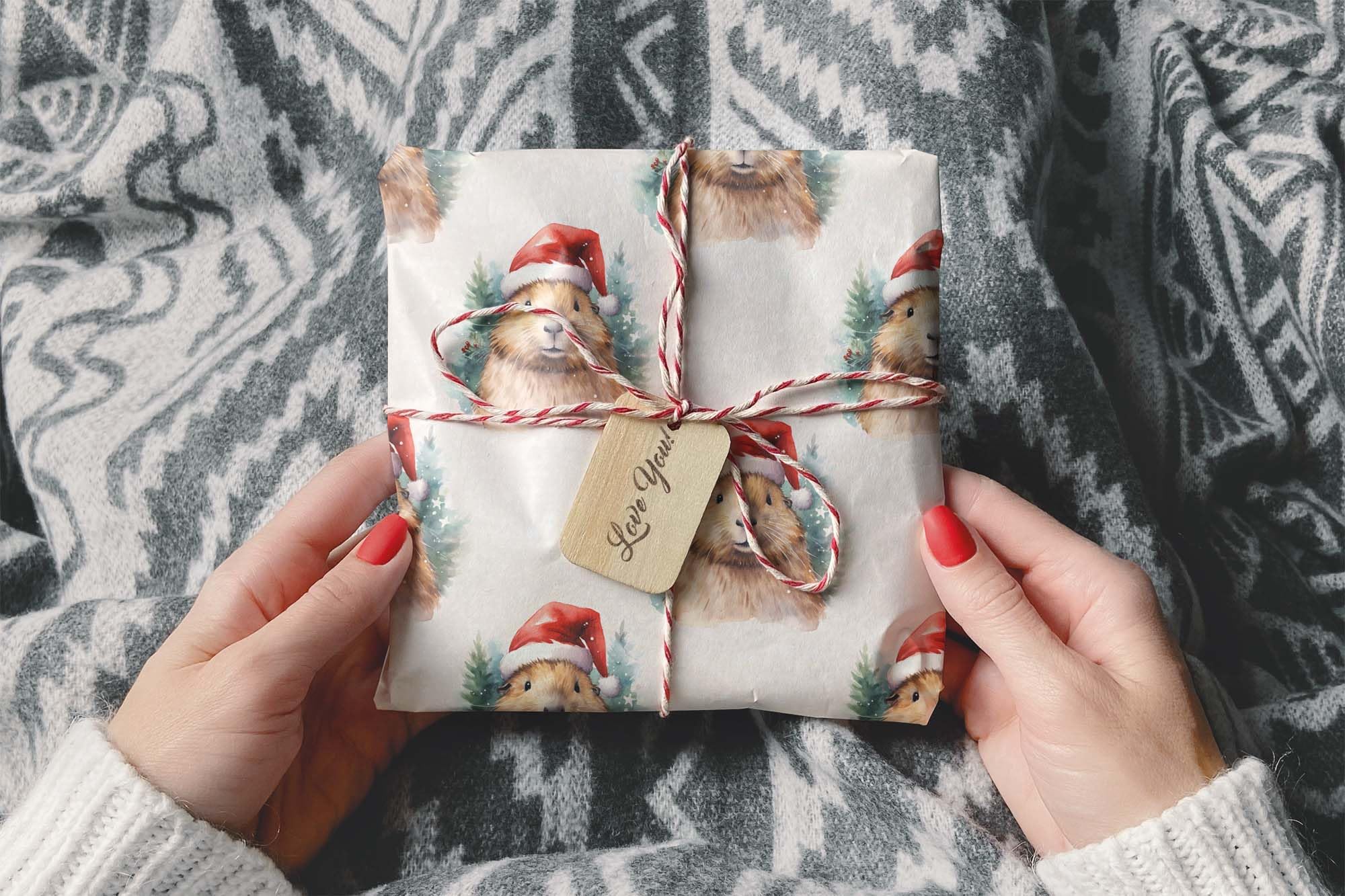 Watercolor Hamster Gerbil Guinea Pig Xmas Gift Wrap Premium Thick Wrapping Paper Capybara Animal Theme Merry Christmas Rodent Party Decor (6 foot x 30 inch roll)