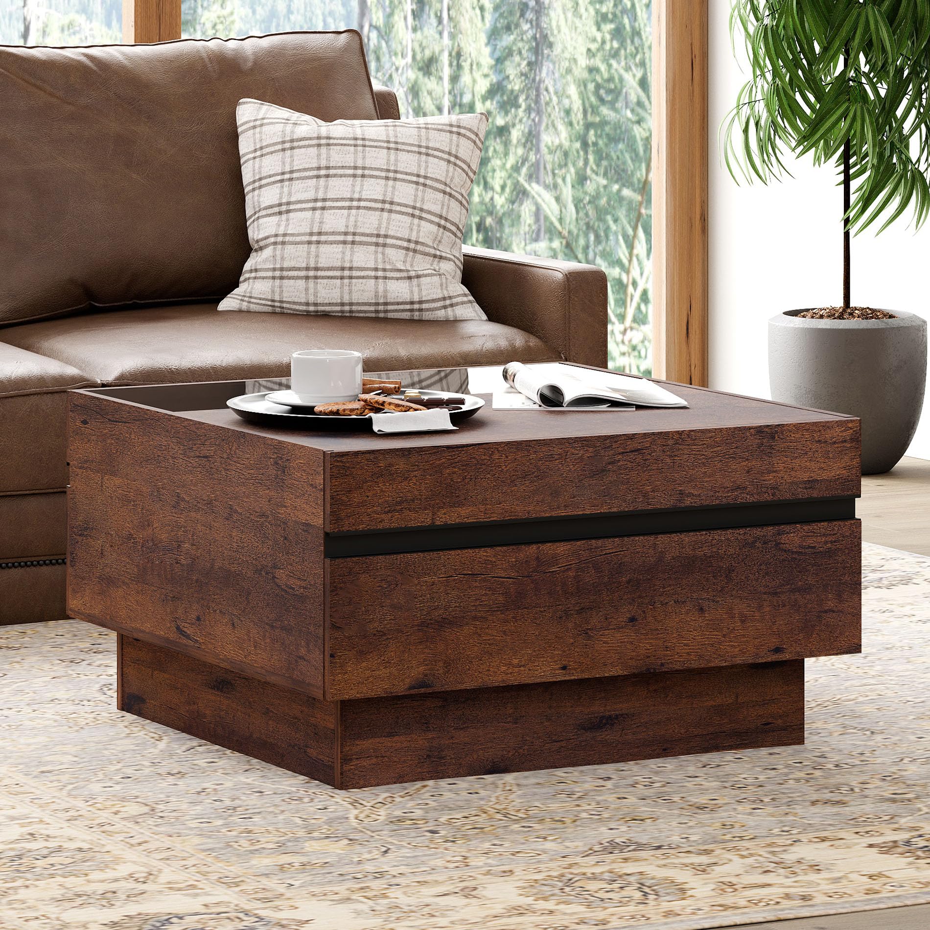 WAMPAT Modern Coffee Table, Square Living Room Coffee Table with Tempered Glass Top and Two Large Storage Drawers, 31.5"x 31.5", Brown